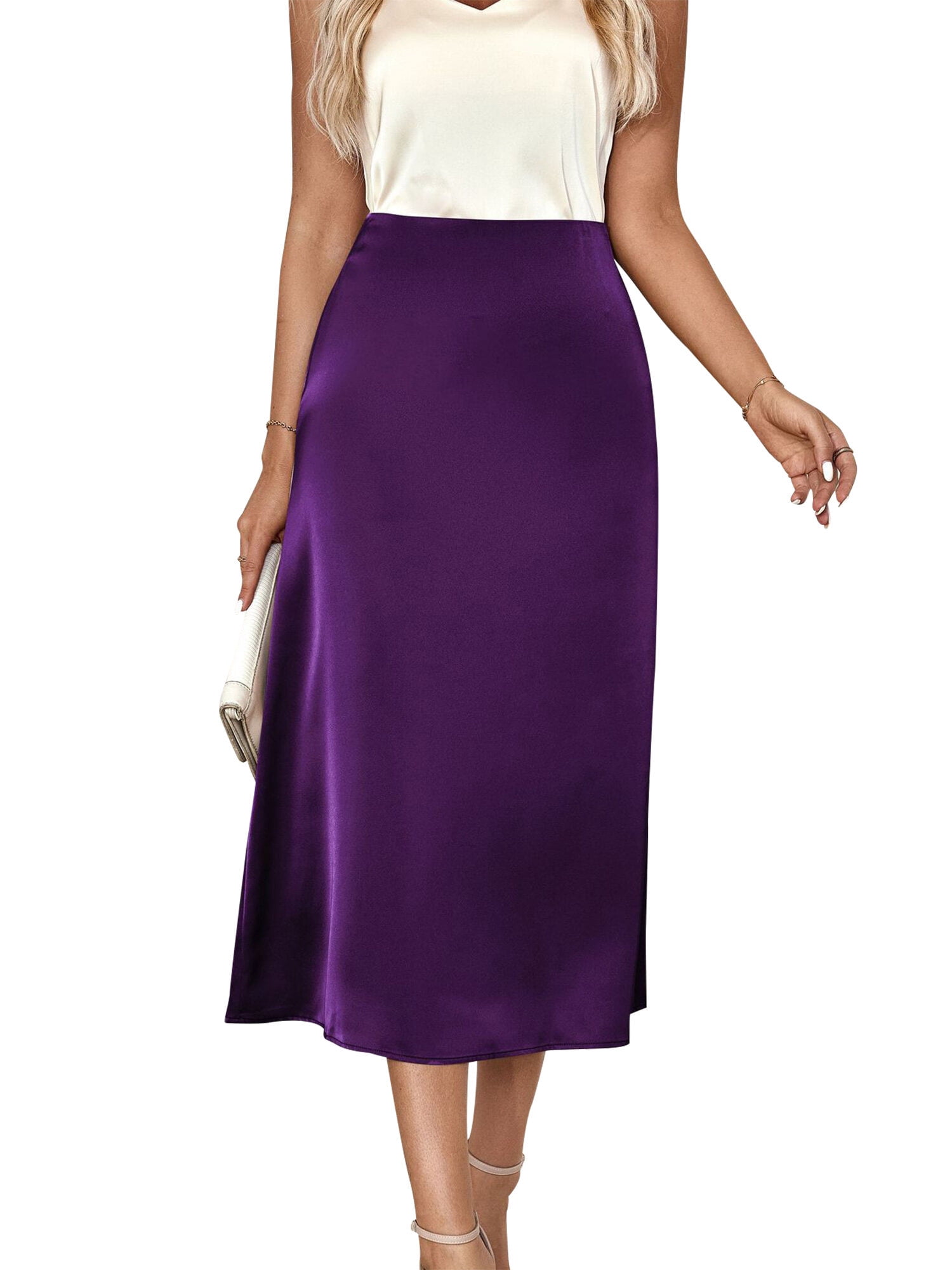 Hibeli Women Satin High Waisted Zippered Solid Color A-Line Skirt ...