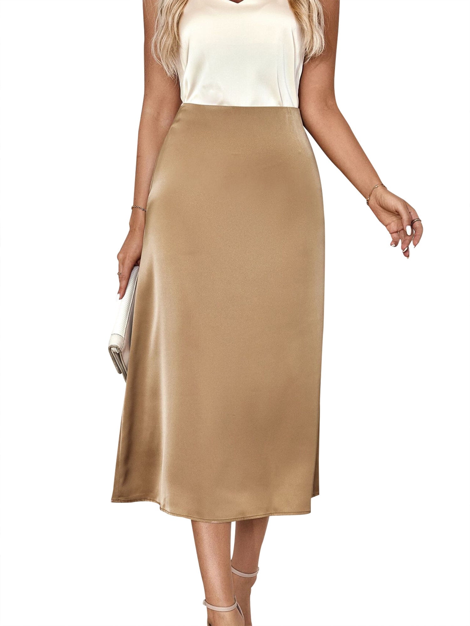 Hibeli Women Satin High Waisted Zippered Solid Color A-Line Skirt ...