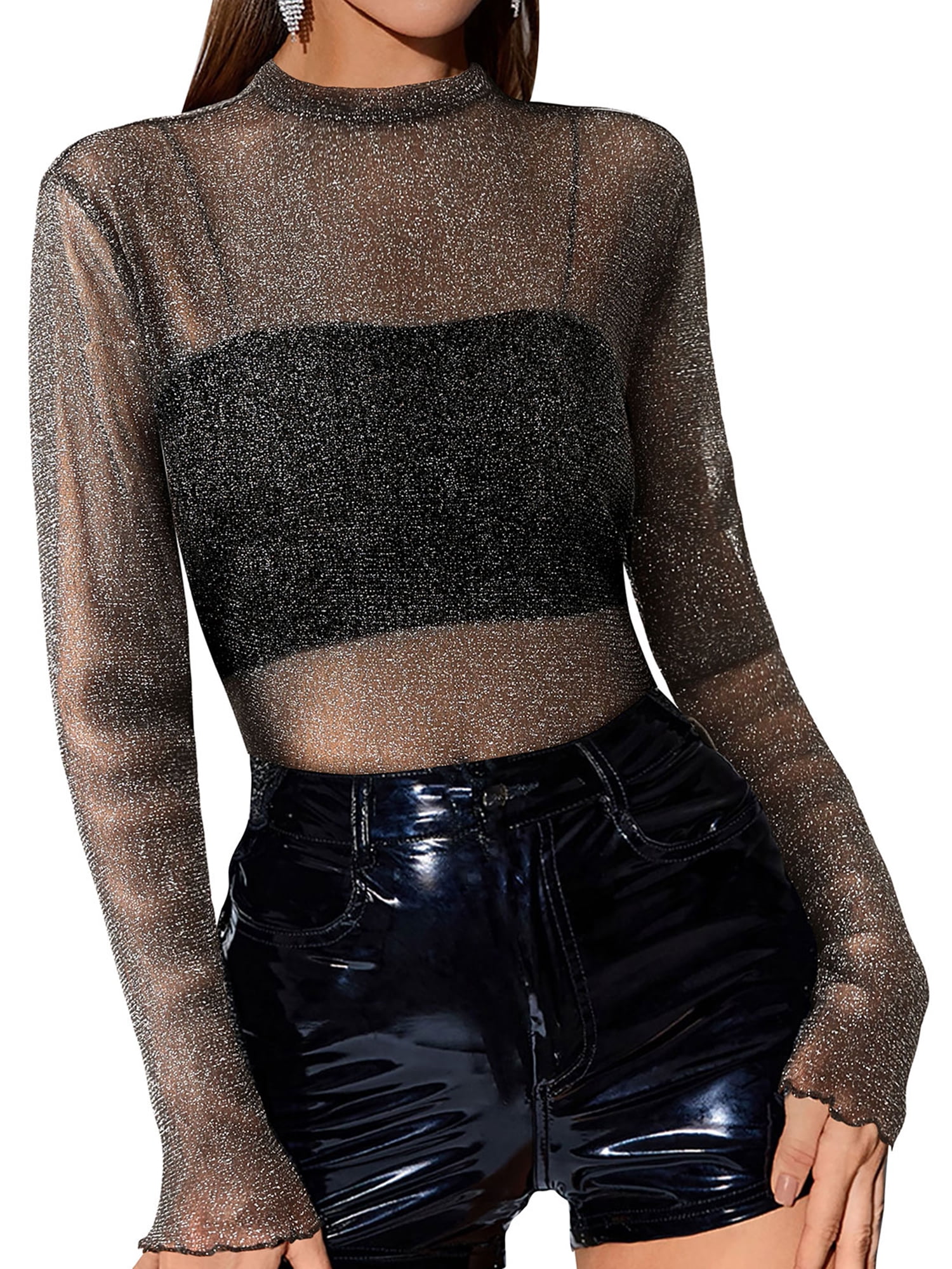 Hibeli Women Semi Sheer Mesh See Through Long Sleeve Glitter Clubwear ...