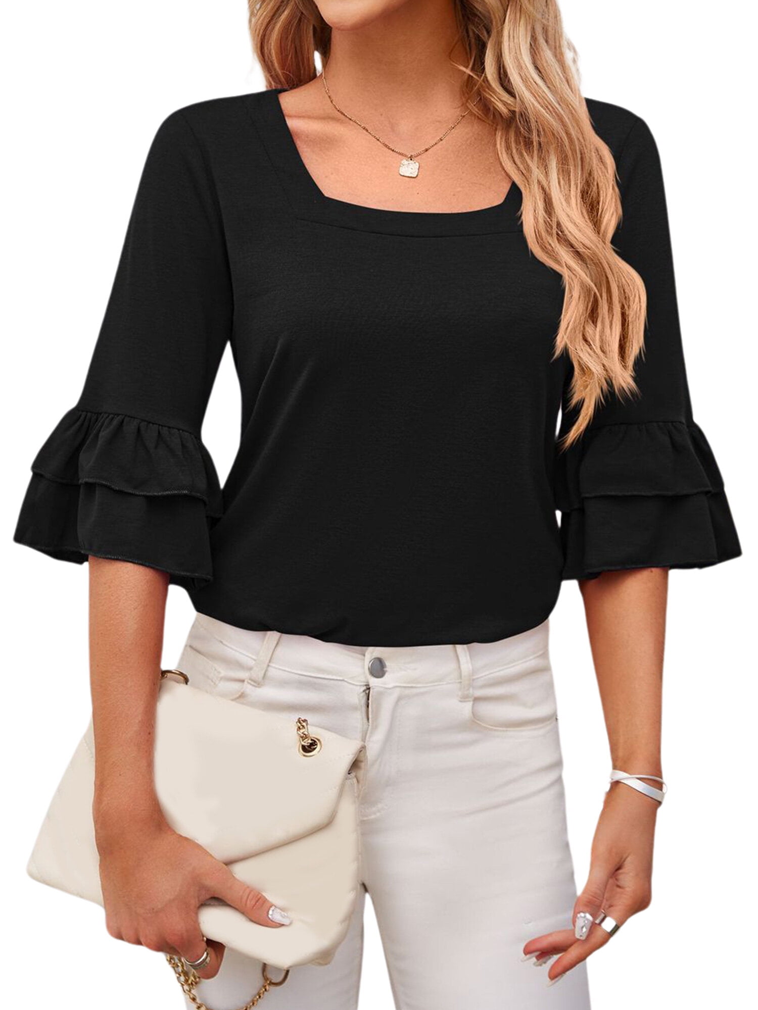 Hibeli Women Square Neck Tiered Ruffle Mid-Sleeve Solid Color Pullover ...