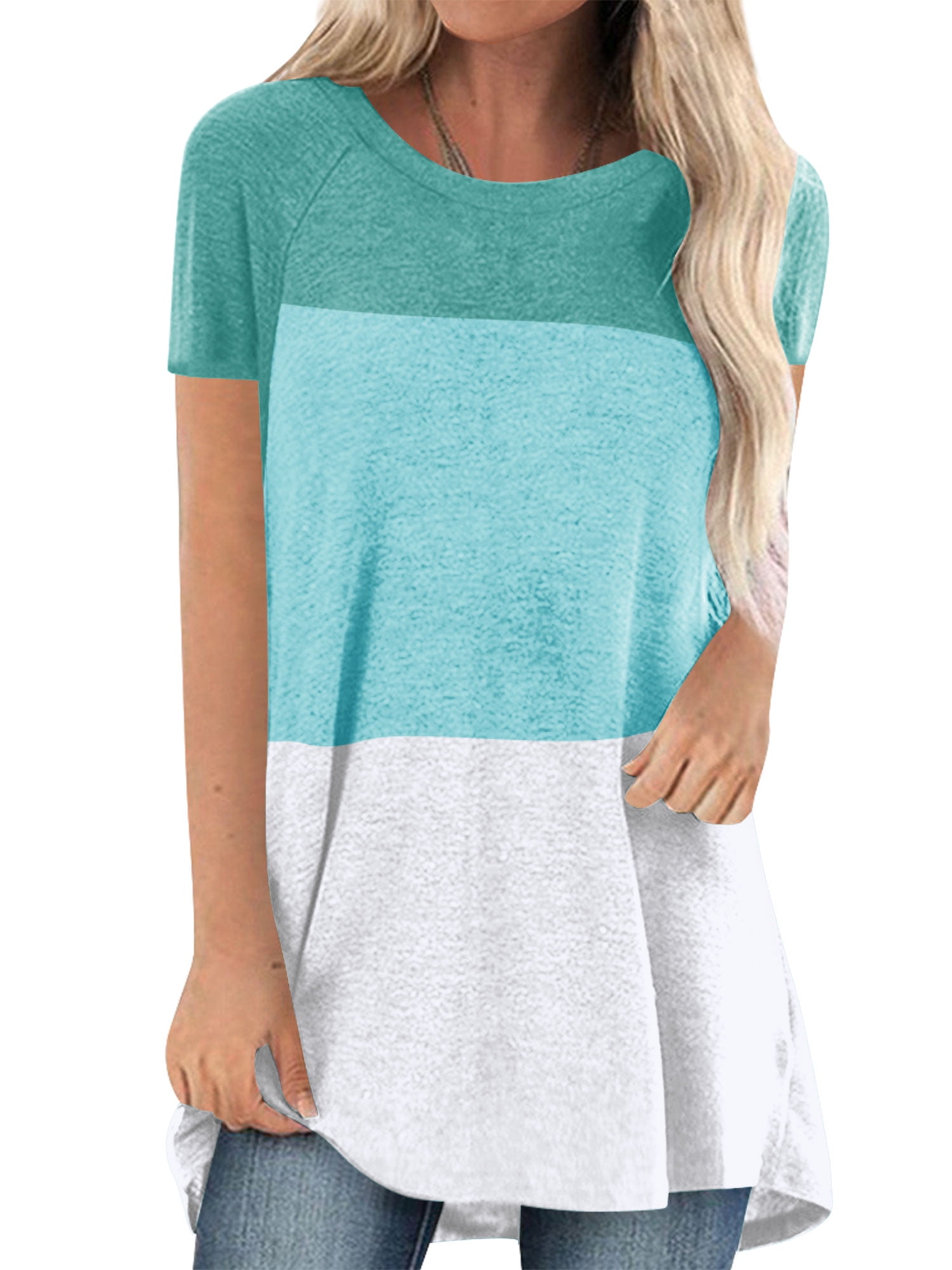 Hibeli Women Summer Contrast Color Tunic Tops Round Neck Short Sleeves ...