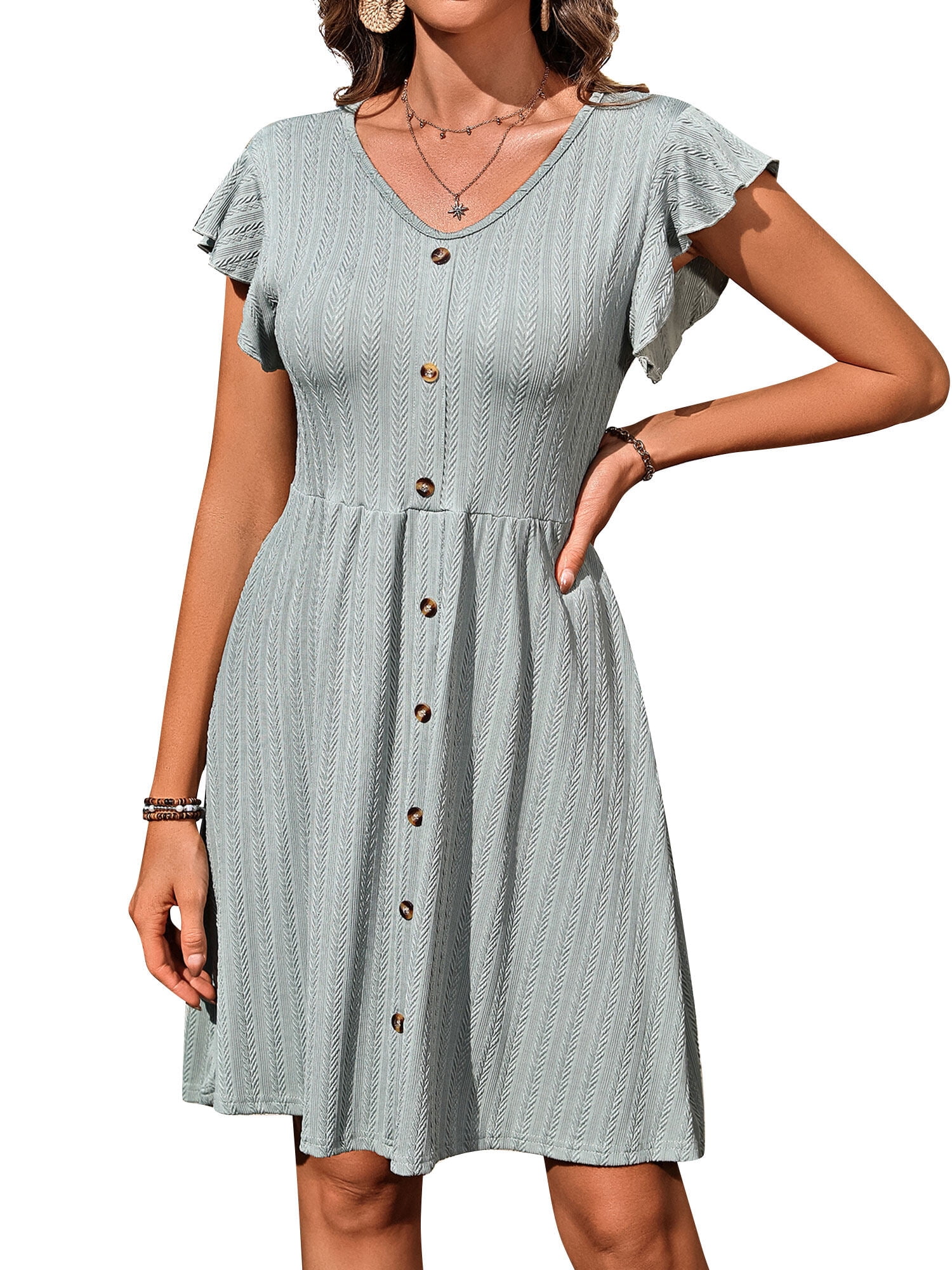 Hibeli Women's Textured Button-Front V Neck Flutter Sleeve Cinched ...
