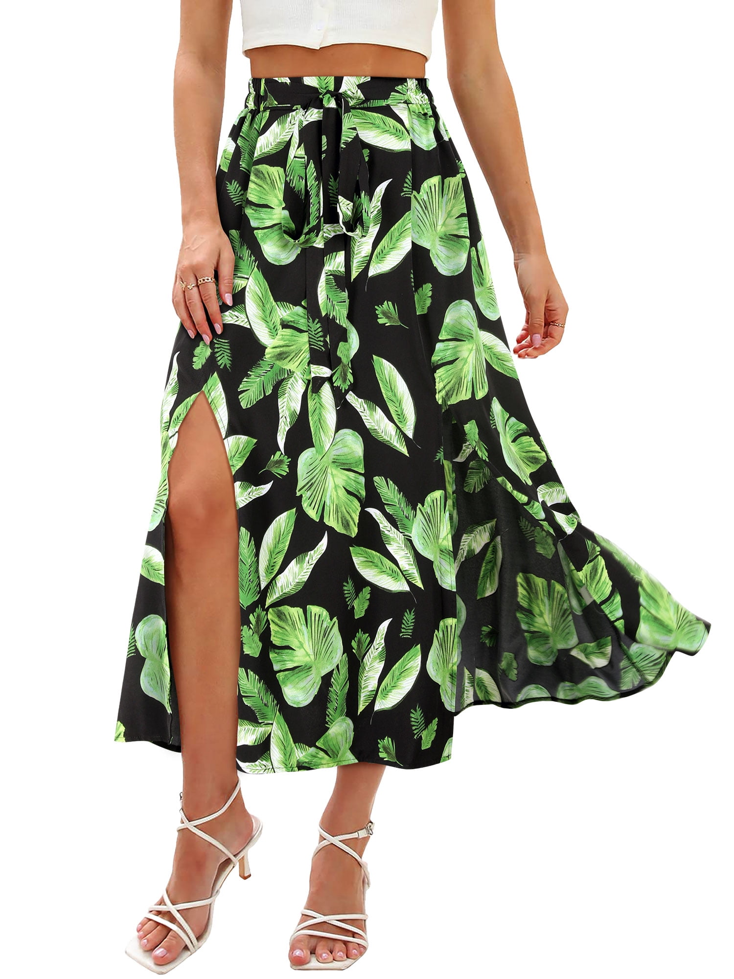 Hibeli Womens Tie Front Elastic Waist Slit Long Skirt Tropical Leaf ...