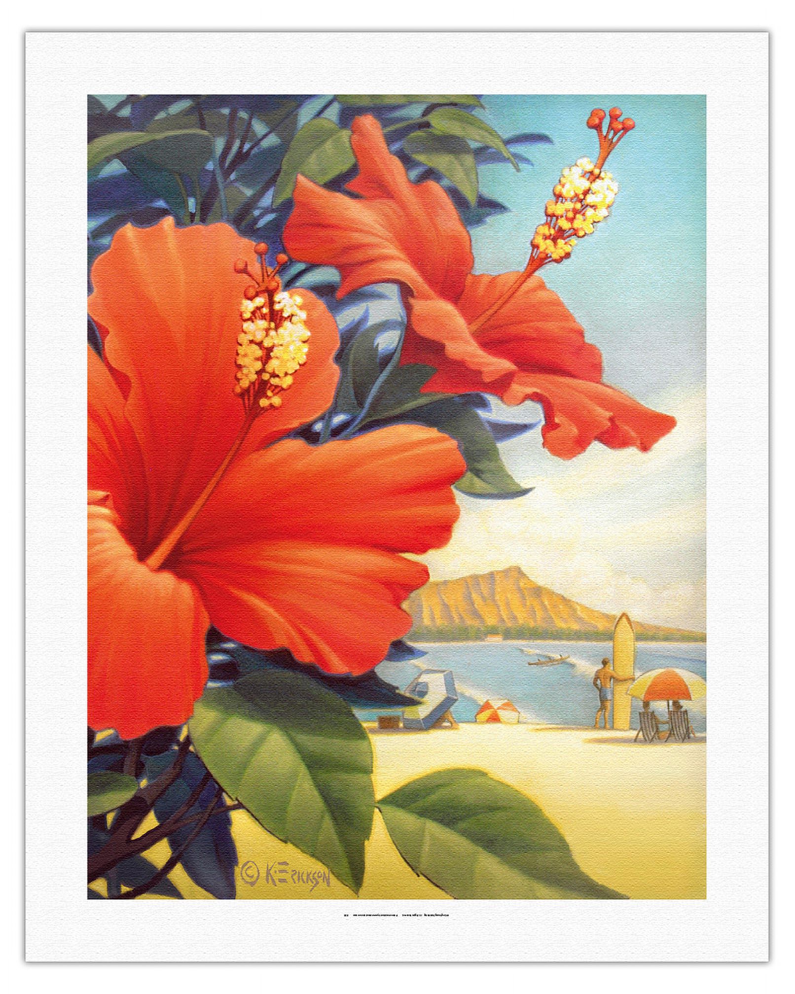 Hibiscus Beach Day - Waikiki Beach - Red Hibiscus - Vintage Hawaiian ...