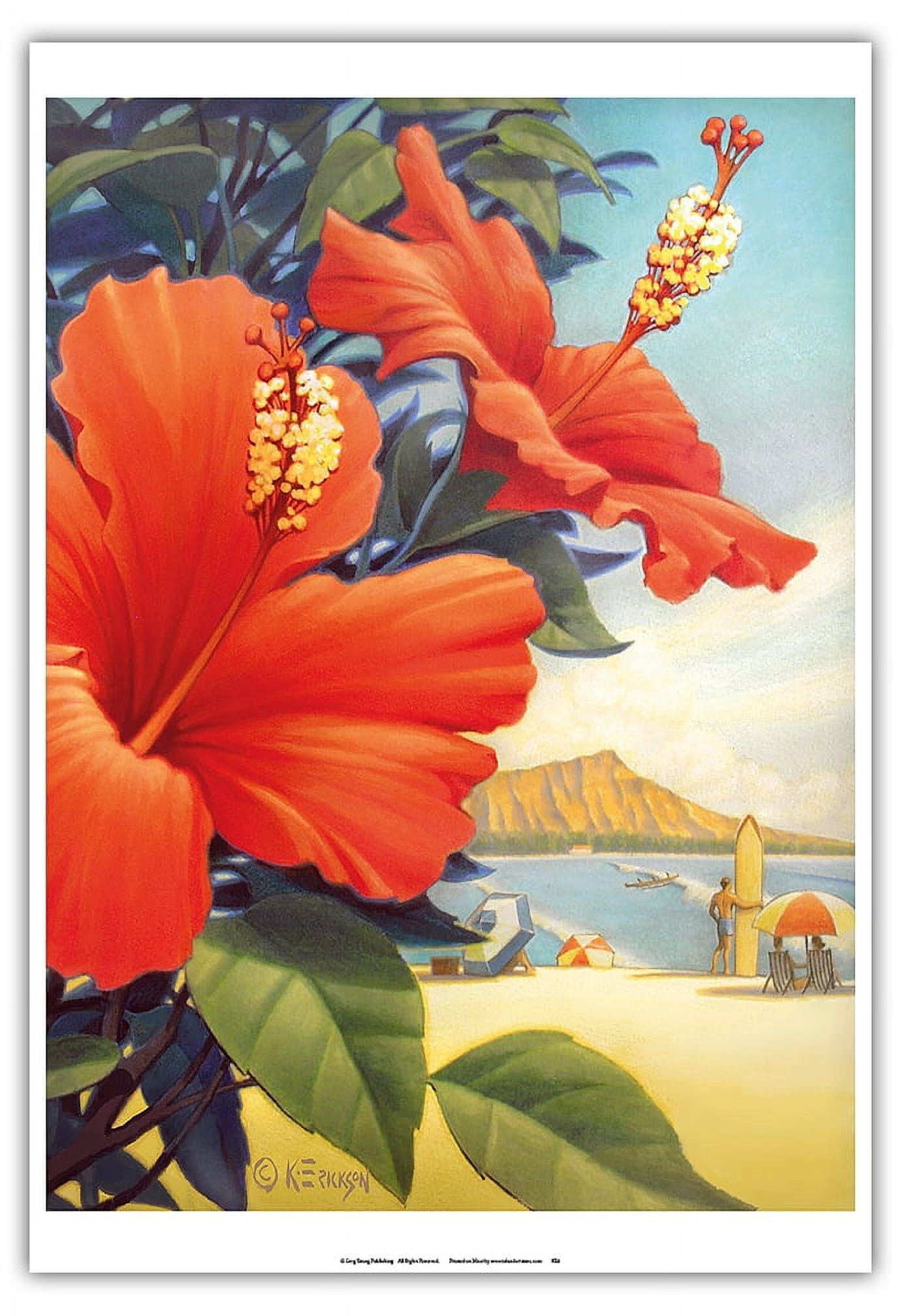 Hibiscus Beach Day - Waikiki Beach - Red Hibiscus - Vintage Hawaiian Travel Poster by Kerne ...