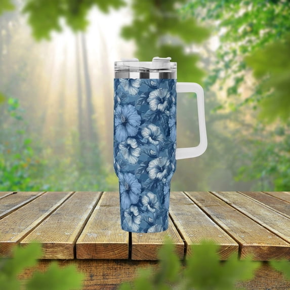 Hibiscus Blue 40oz Stainless Steel Tumbler With Handle Lid and Straw ...