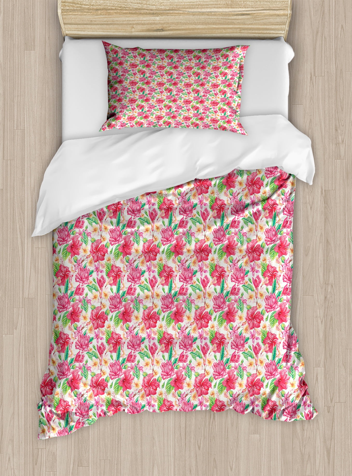 Hibiscus Duvet Cover Set, Pinkish Tones Flowers Tropical Arrangement ...