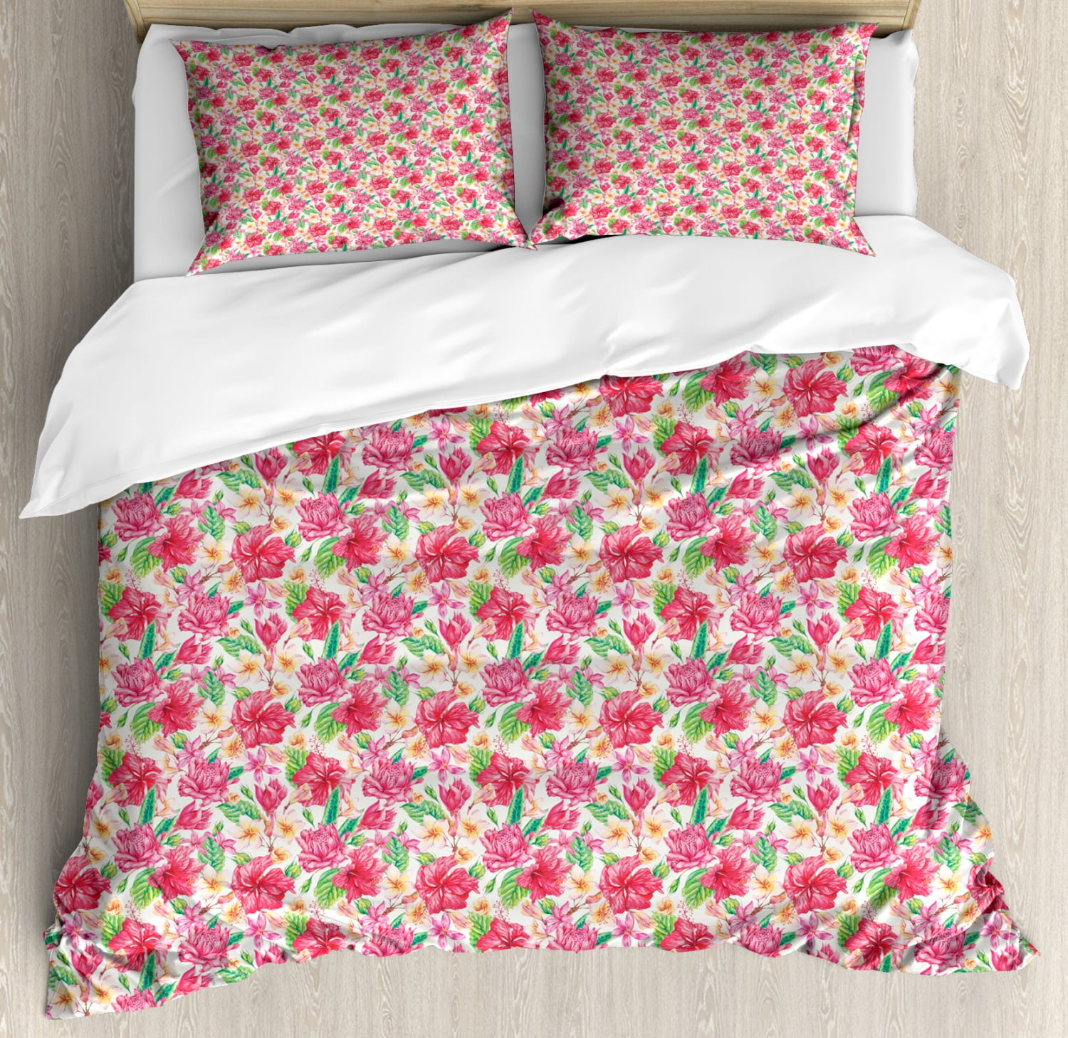 Hibiscus Duvet Cover Set, Pinkish Tones Flowers Tropical Arrangement ...