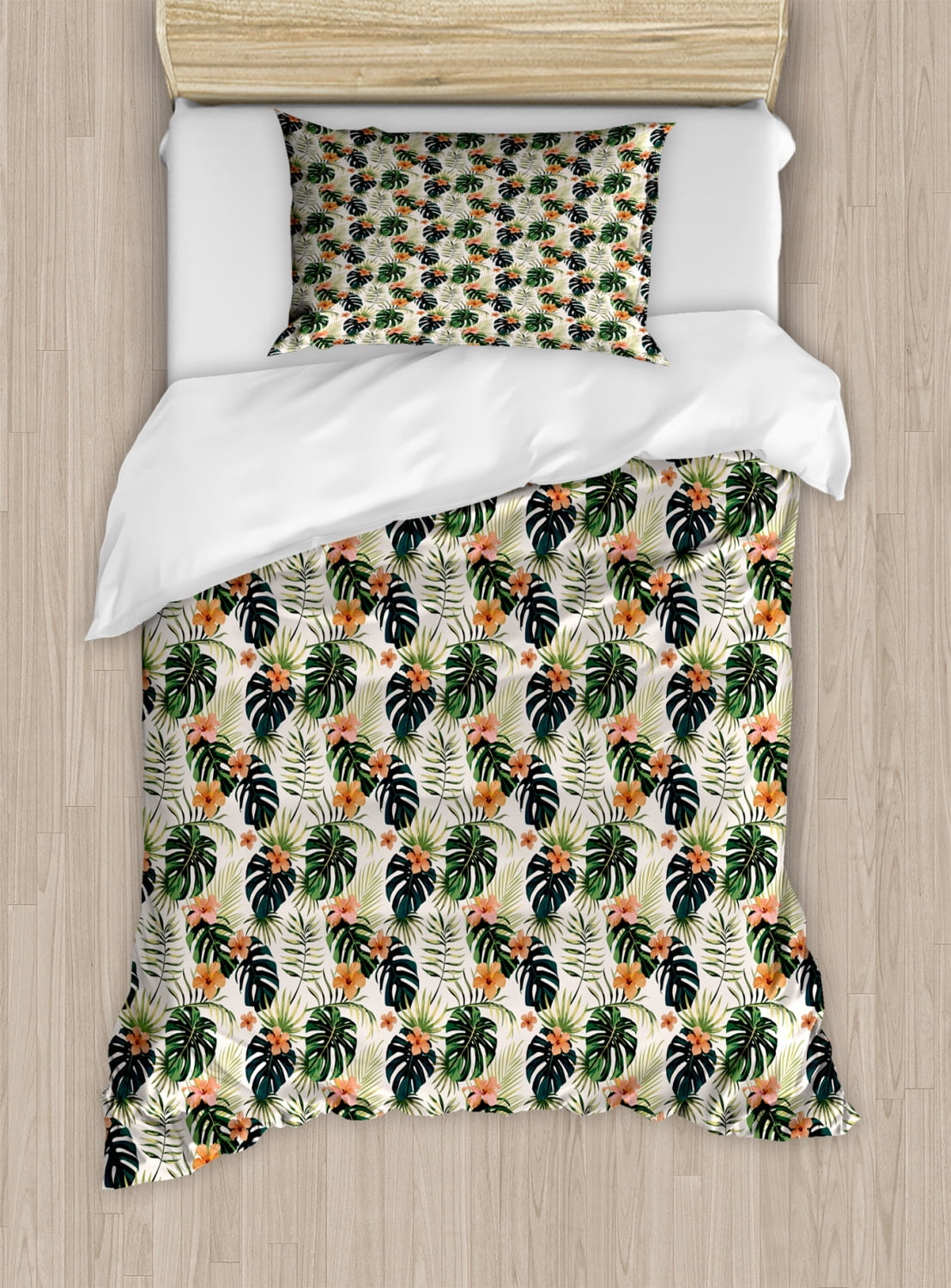 Hibiscus Duvet Cover Set Twin Size, Tropical Flowers in Real Life Tones ...