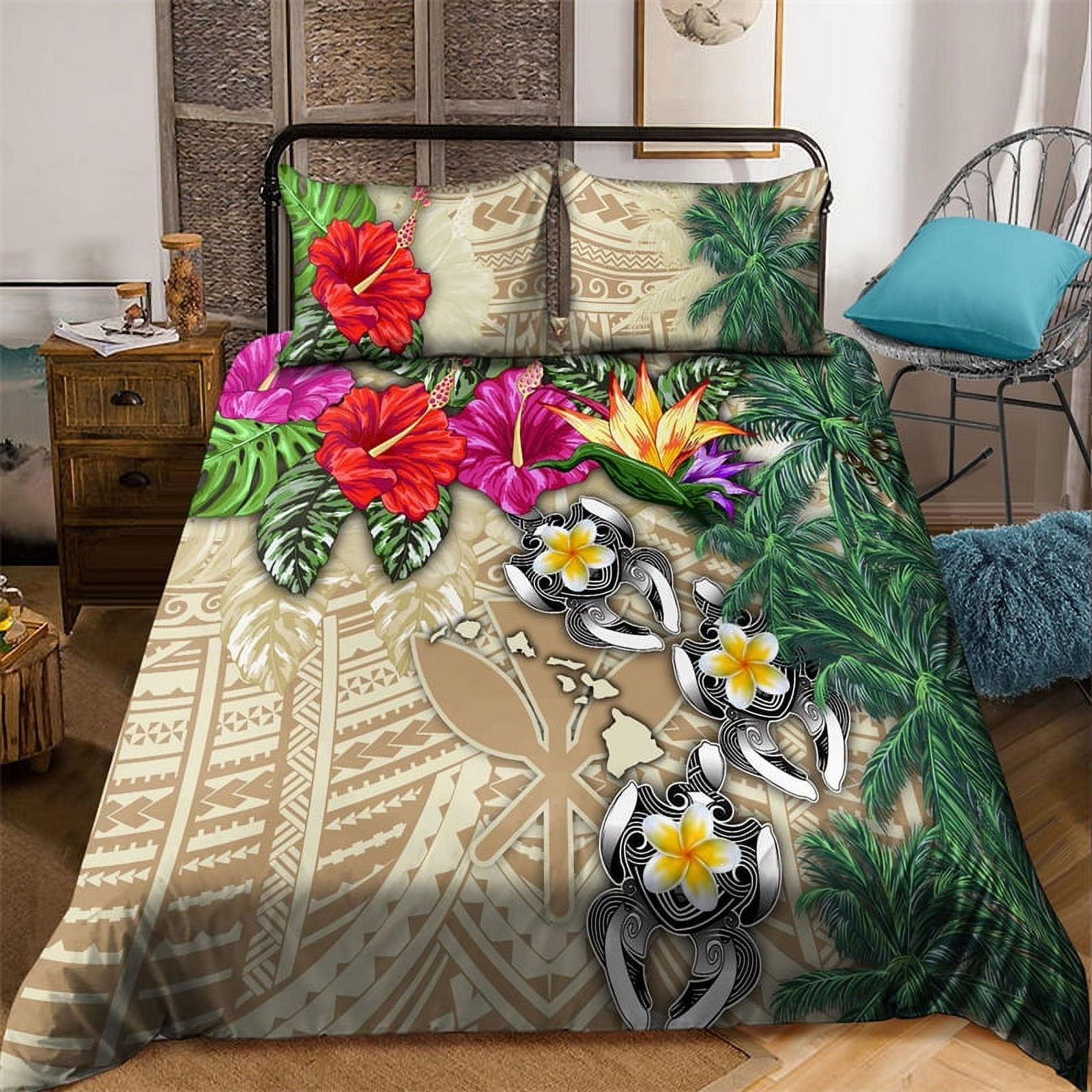 Hibiscus Floral Duvet Cover Tribal Polynesian Turtle Bedding Set ...