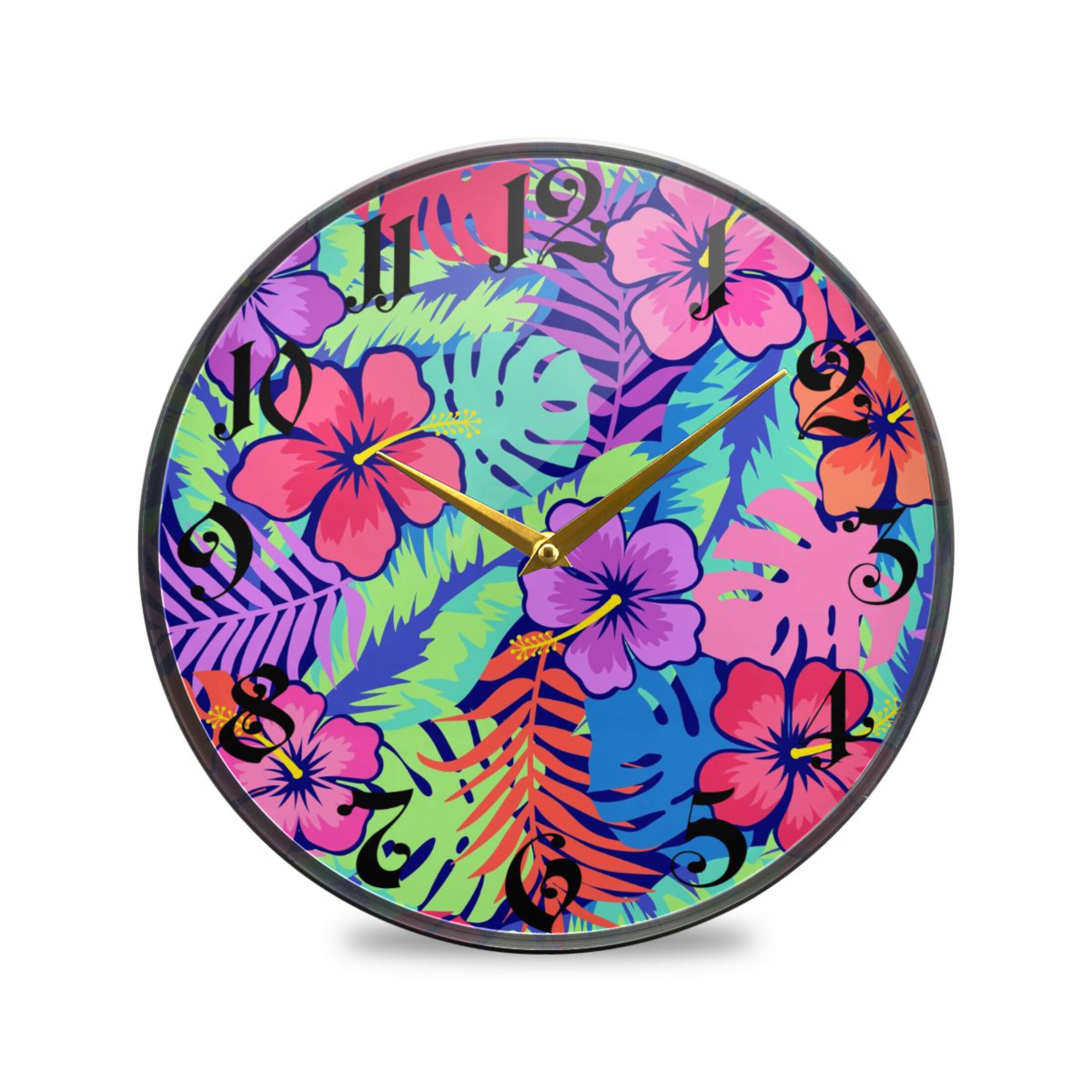 Hibiscus Flower with Tropical Leaf Acrylic Wall Clocks Quiet Round ...