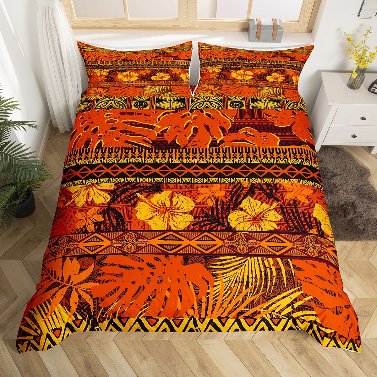 Hibiscus Flowers Comforter Cover Tropical Palm Leaves Duvet Cover,Ethnic Tribal Arrow Geometry ...