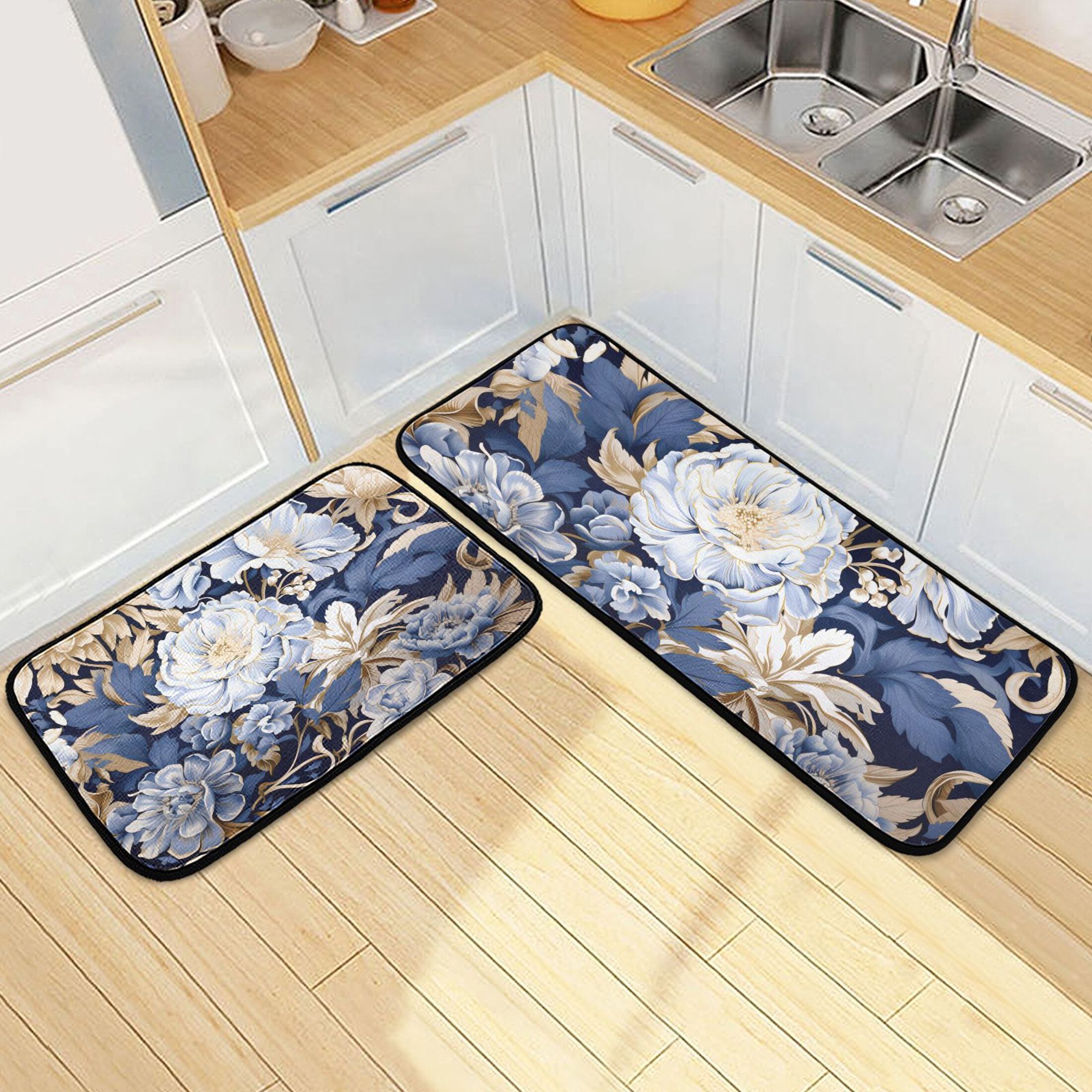 Hibiscus Flowers Kitchen Rugs Set of 2 Non Slip Floor Foam Mat ...