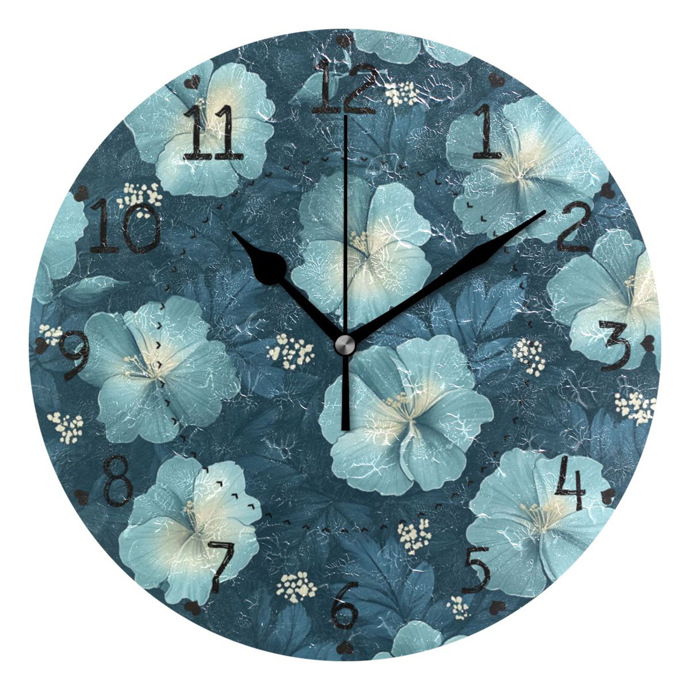 Hibiscus Flowers Leaves Round Wall Clock Silent Analog Battery Operated ...