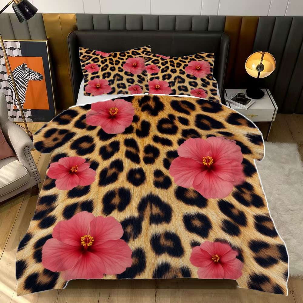 Hibiscus Flowers Leopard Print Background Comforter Set Queen Size Bedding Set For Travl Bedroom ...