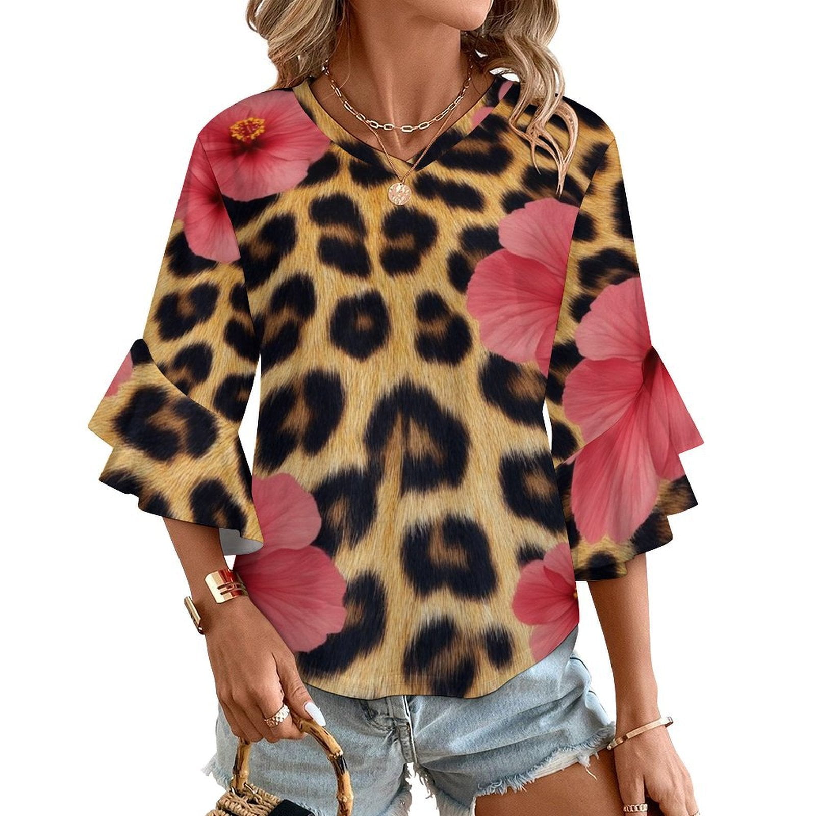Hibiscus Flowers Leopard Print Background Women's V-Neck Blouse With 3/ ...