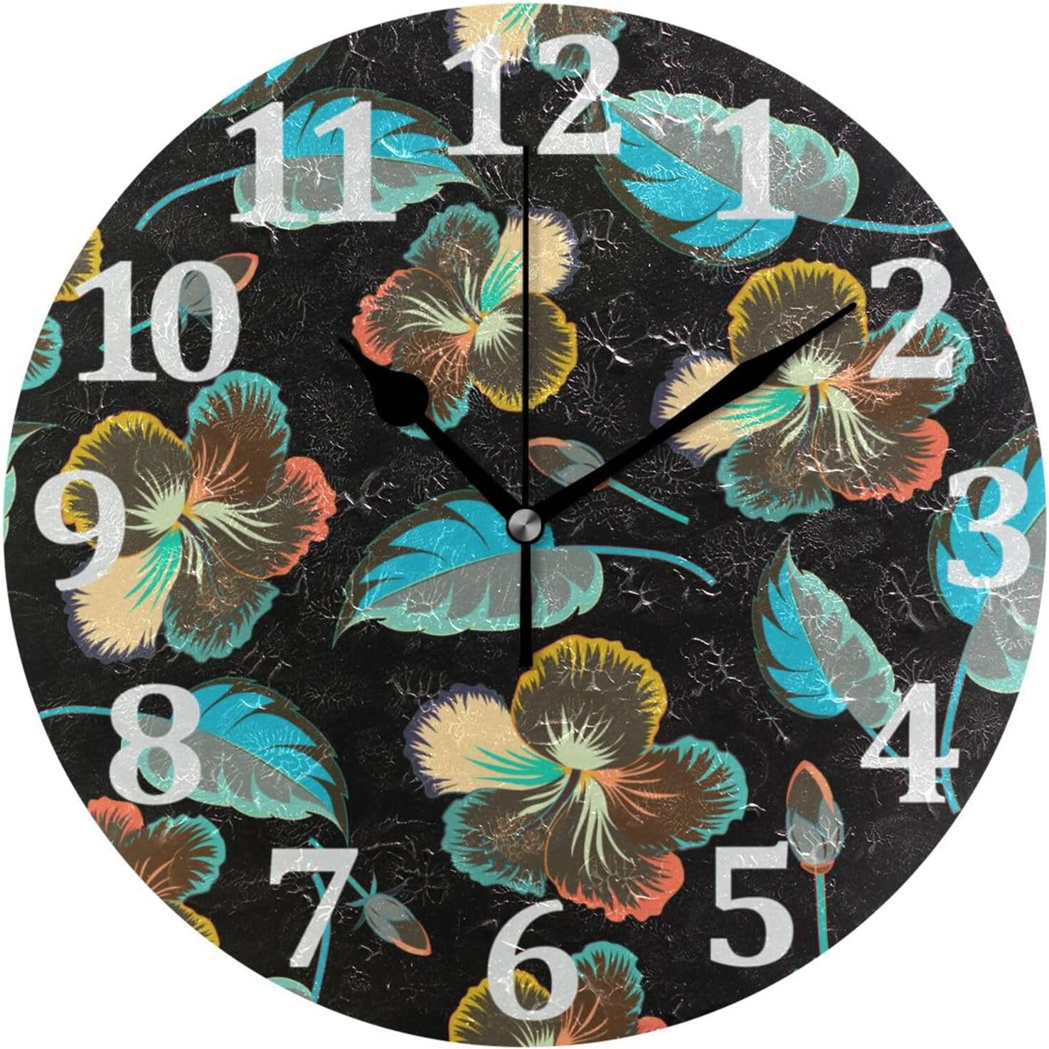 Hibiscus Flowers Wall Clock Round Vintage Silent Non Ticking Battery ...
