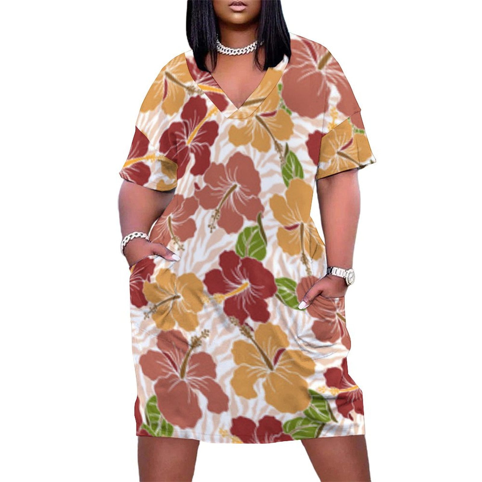 Hibiscus Flowers Zebra Stripe Print Summer Sundress for Curve Women ...