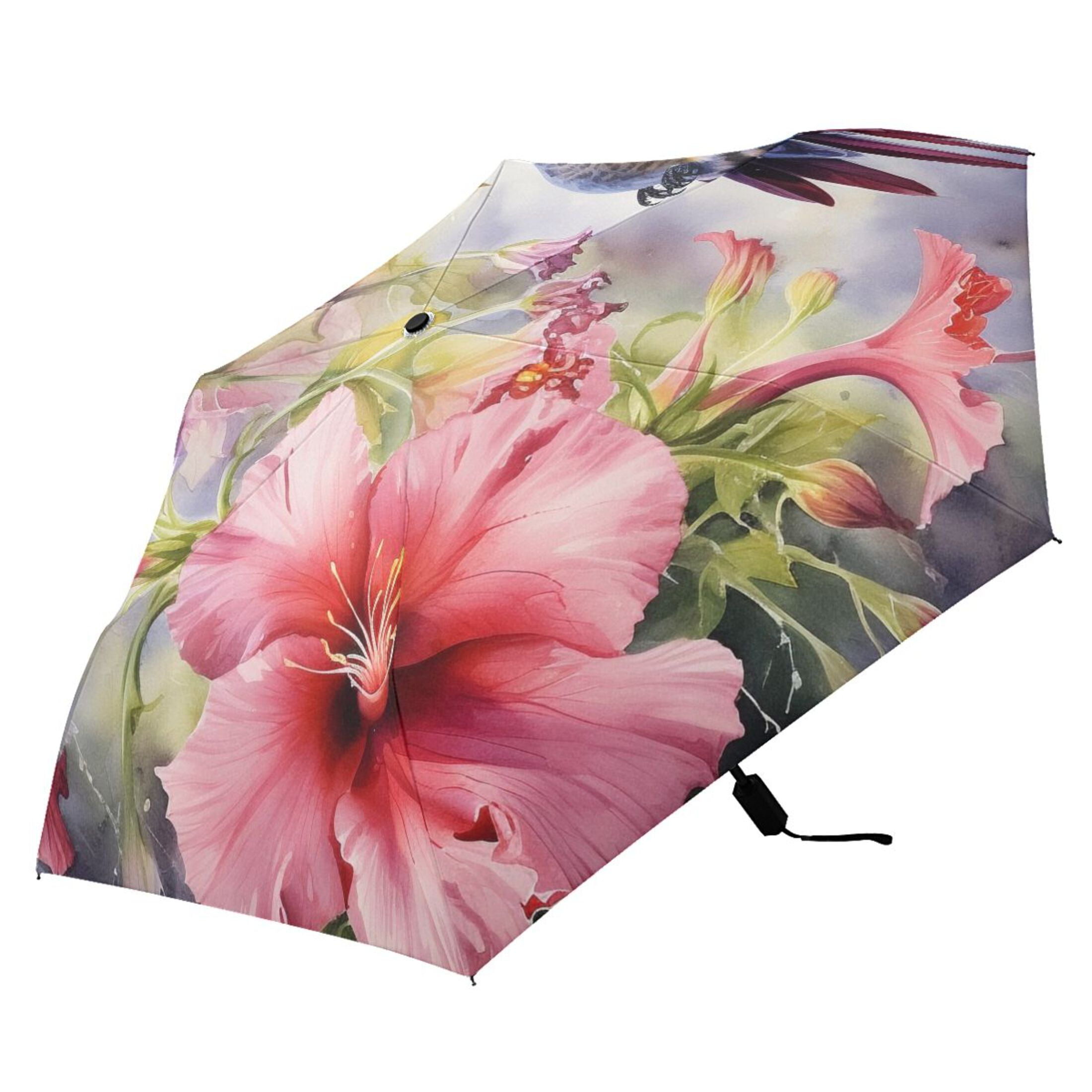 Hibiscus Flowers and Bird Compact Folding Umbrella for Rain Windproof ...