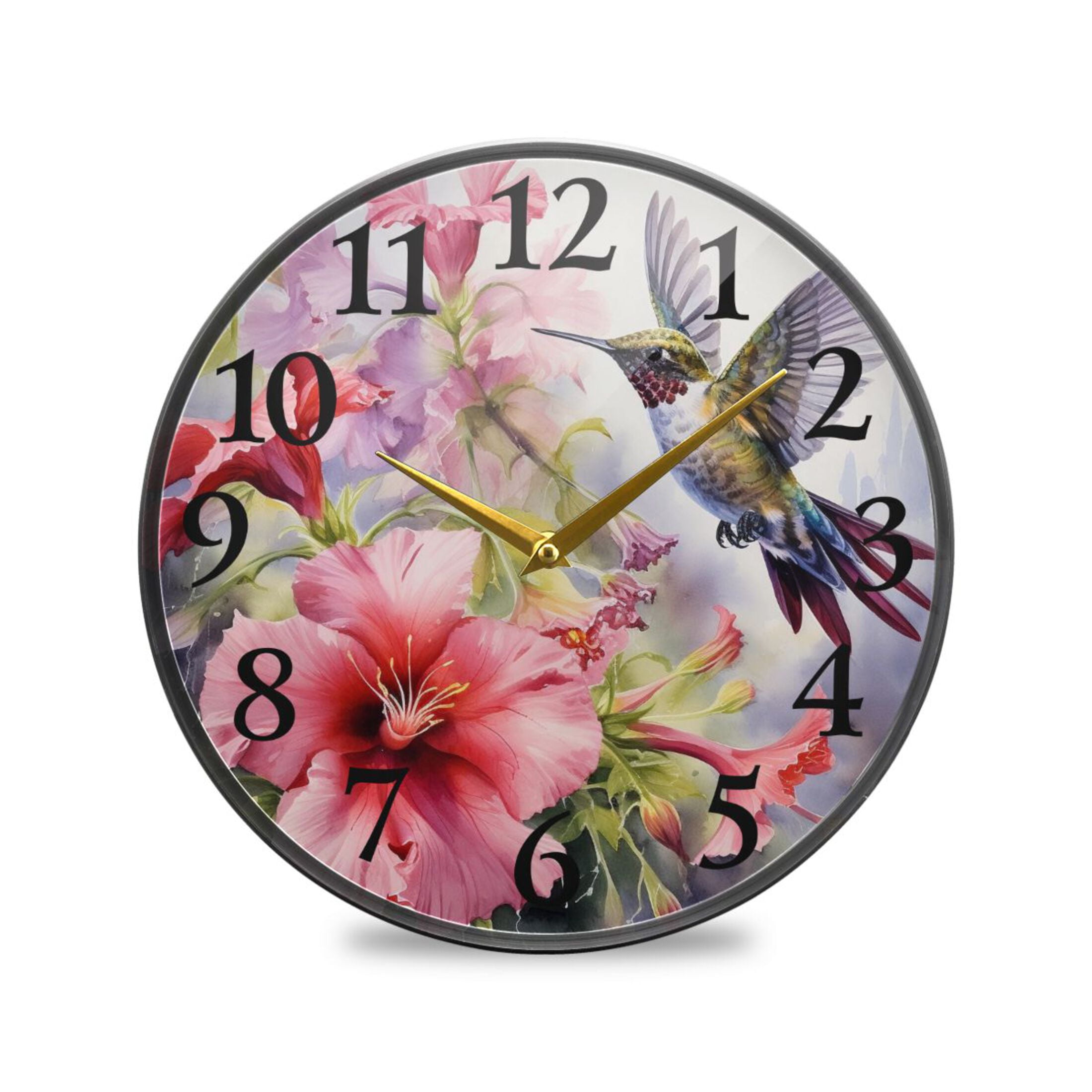 Hibiscus Flowers and Bird Wall Clocks Battery Operated 9.5 Inch Round ...