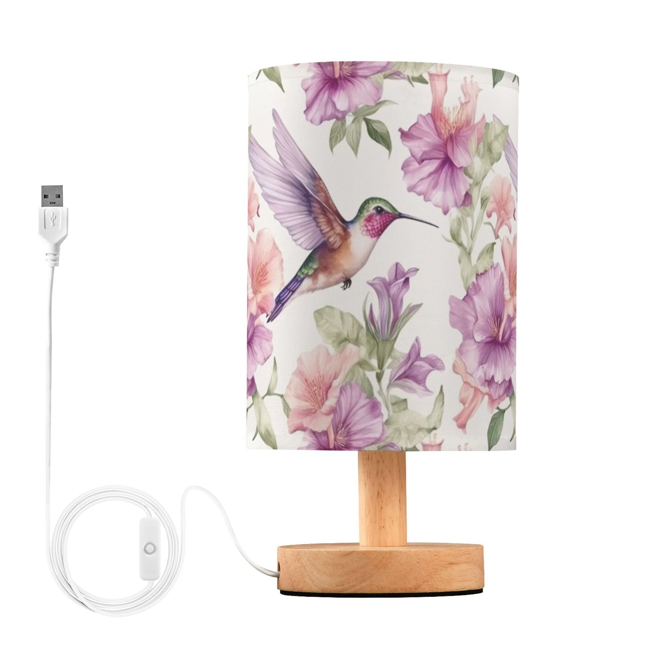 Hibiscus Flowers and Birds Bedside Table Lamp LED Warm Lights with USB ...