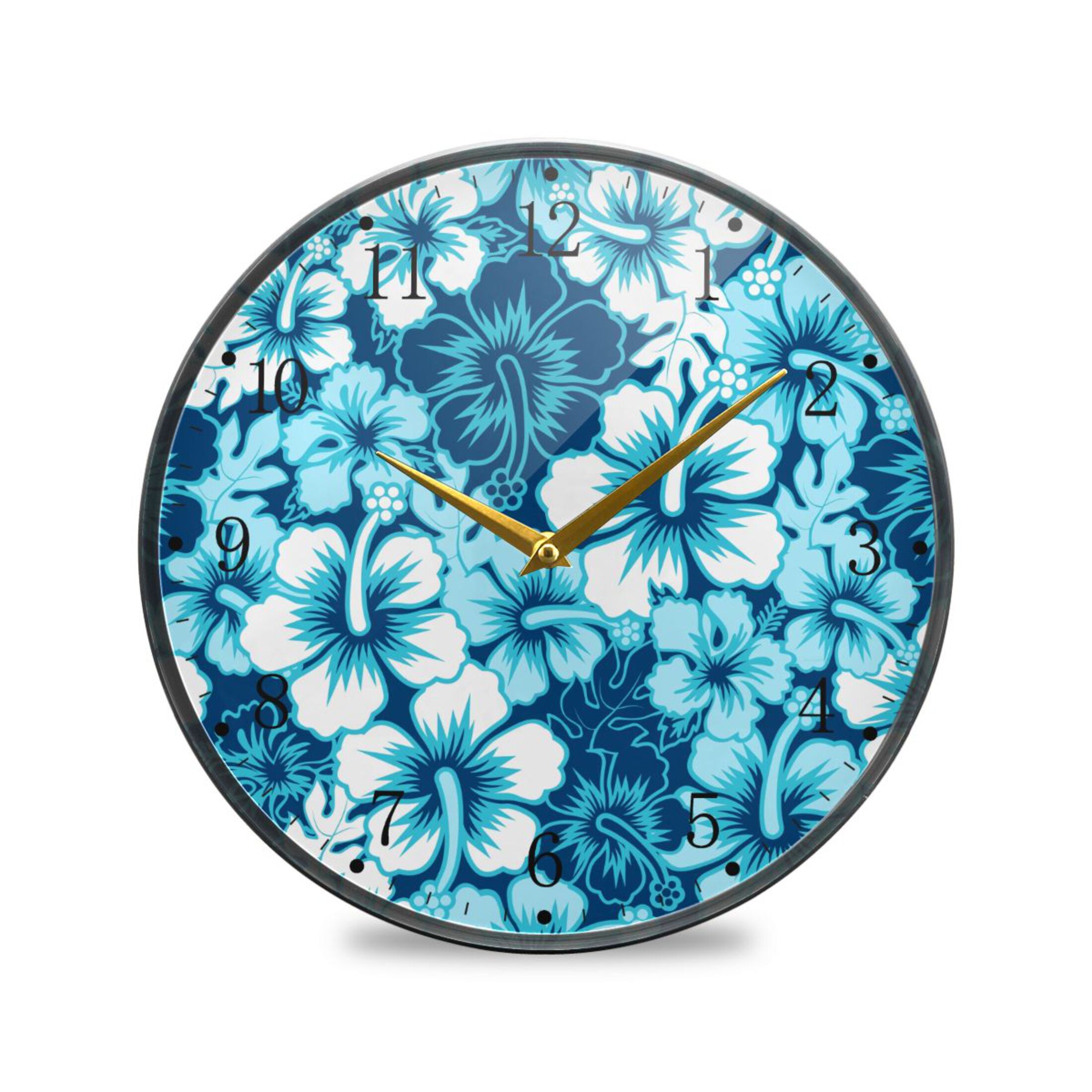 Hibiscus Flowers with Blue Acrylic Wall Clocks Quiet Round Clock ...