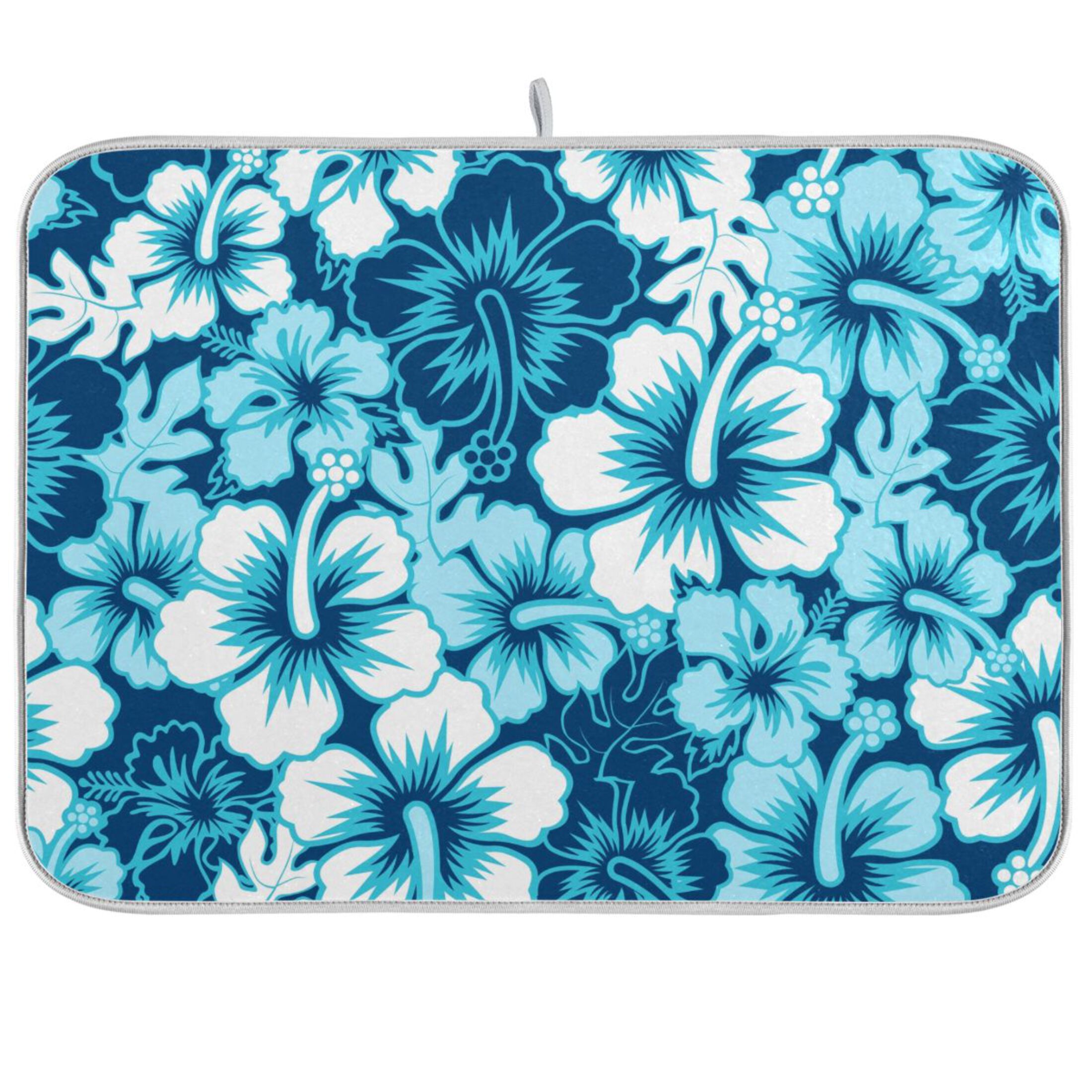 Hibiscus Flowers with Blue Dish Drying Mat Microfiber Kitchen Mats ...