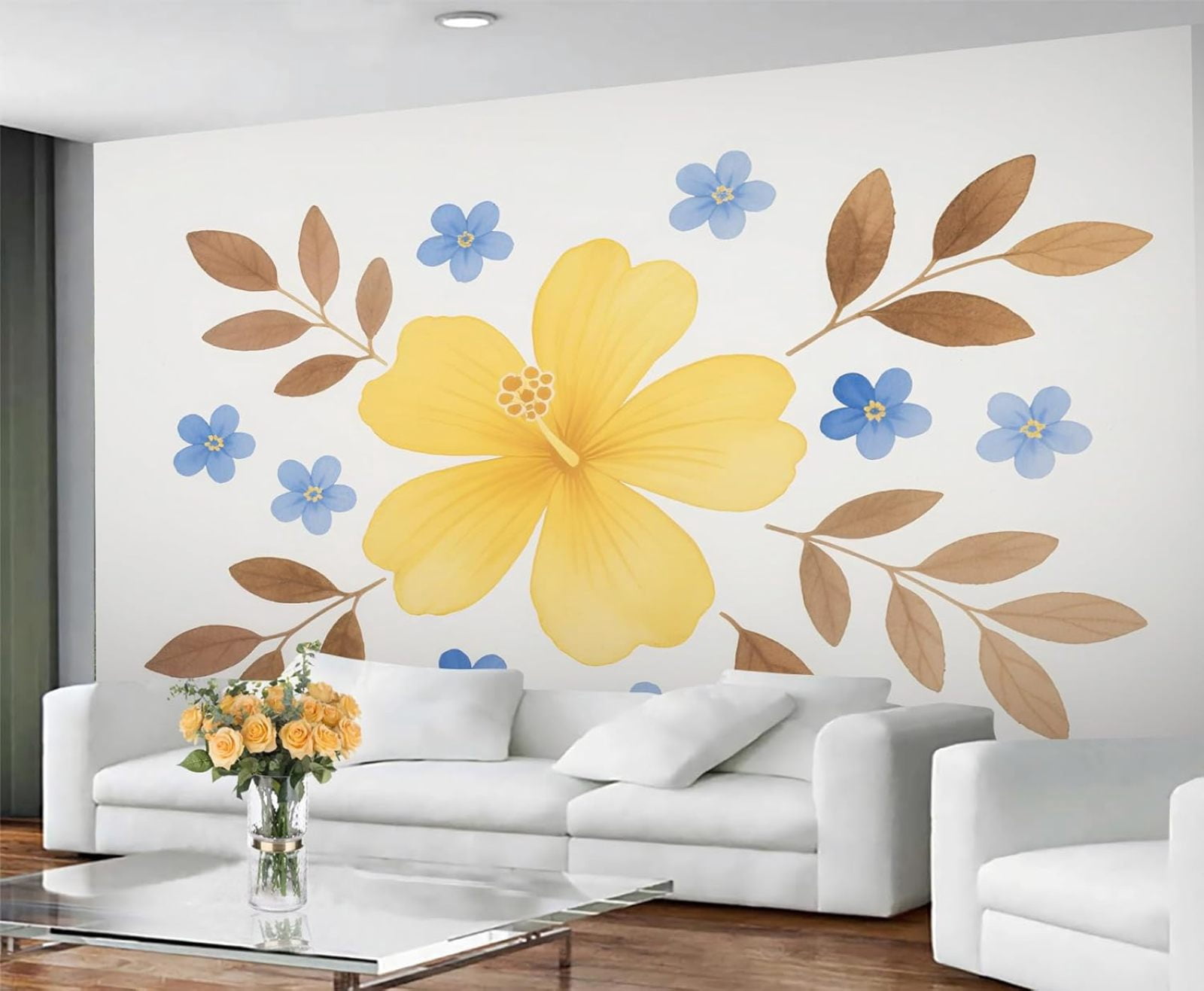Hibiscus Mural - Tropical Floral Wall Paintings, Yellow Flower 3D Wall ...