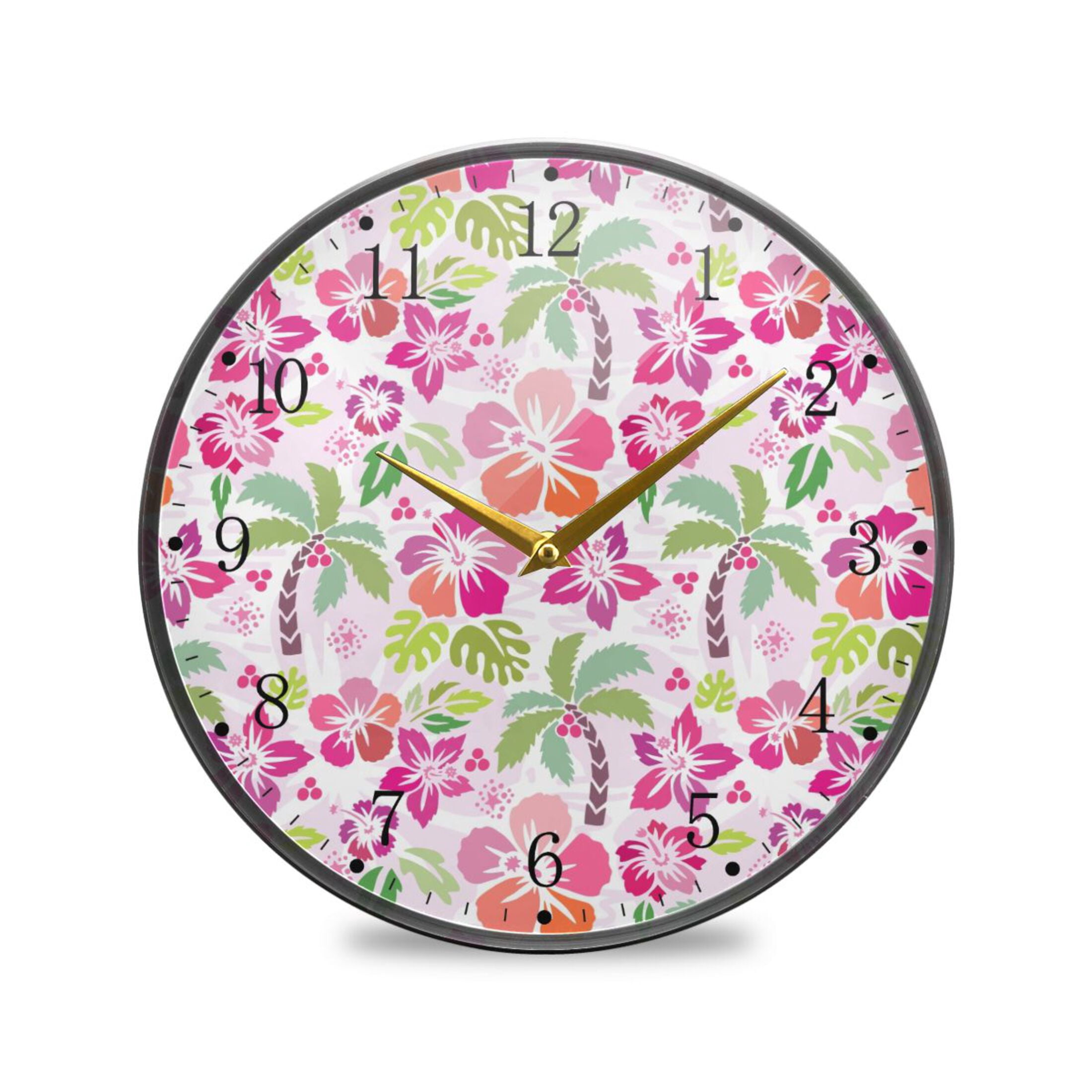 Hibiscus and Palm Tree with Pink Acrylic Wall Clocks Quiet Round Clock ...