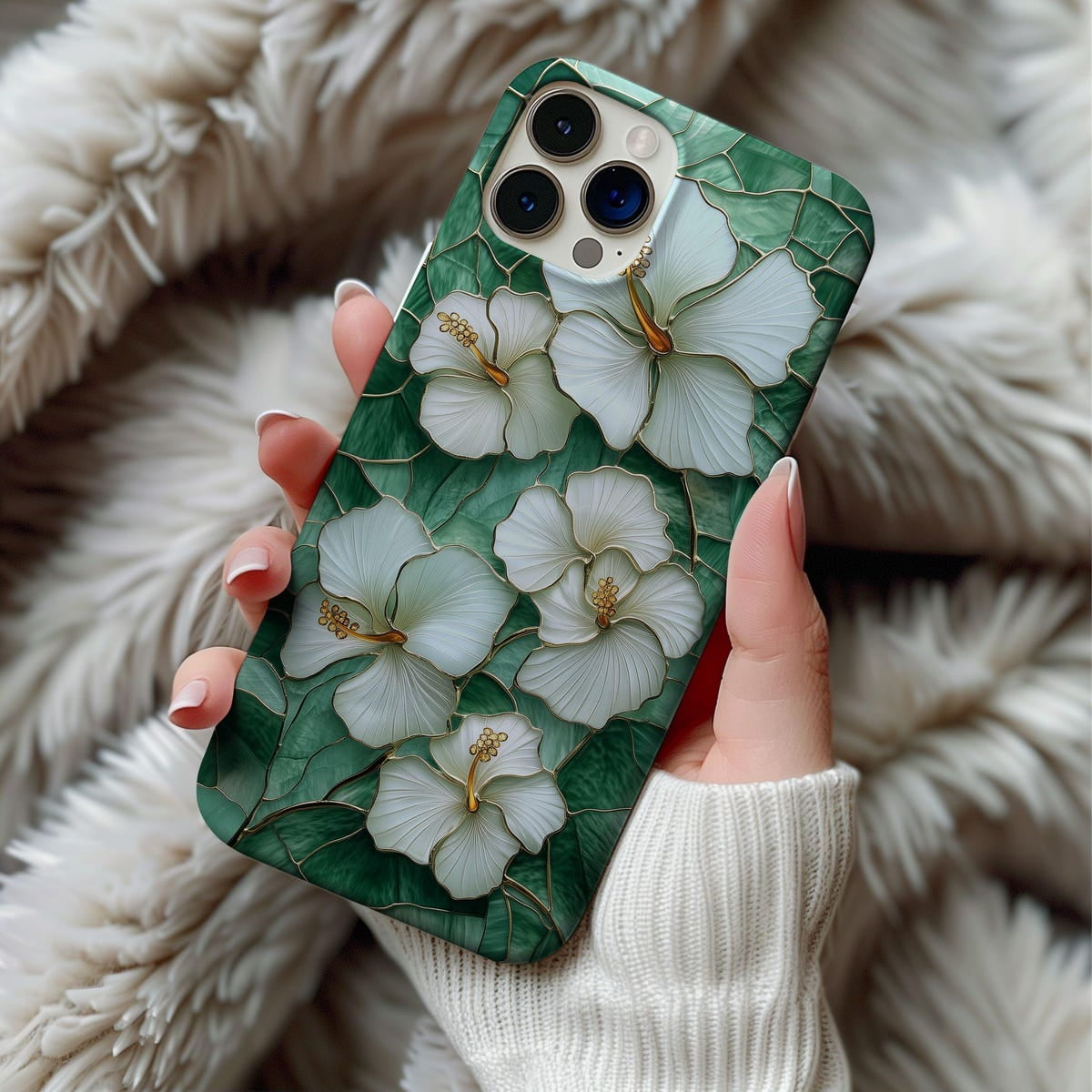 Hibiscus Sage Green Stained Glass Phone Case 17 16 15 14 13 12 11 Pro ...