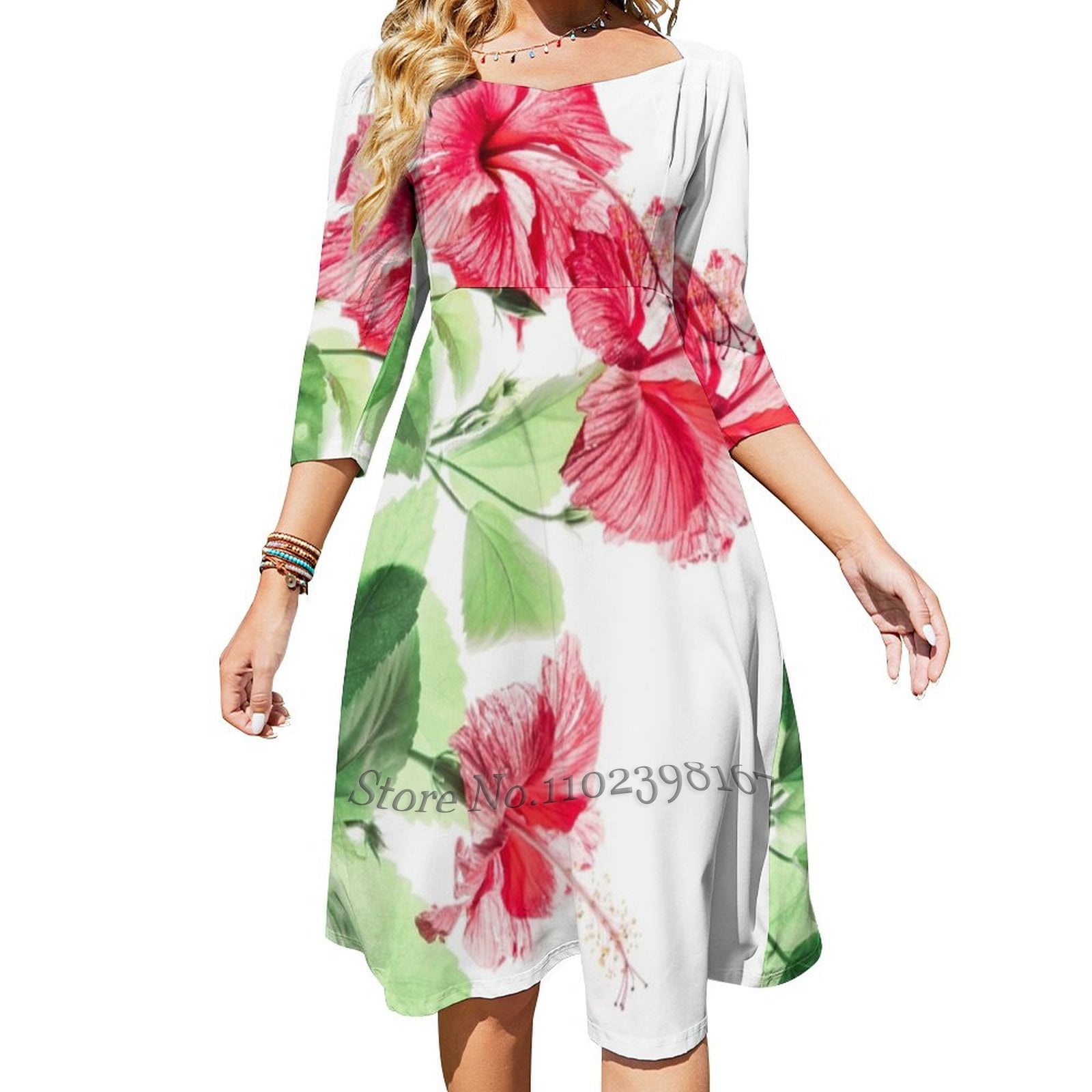 Hibiscus Square Neck Dress Cute Loose Print Dresses Elegant Beach Party Dress Hibiscus Flower ...