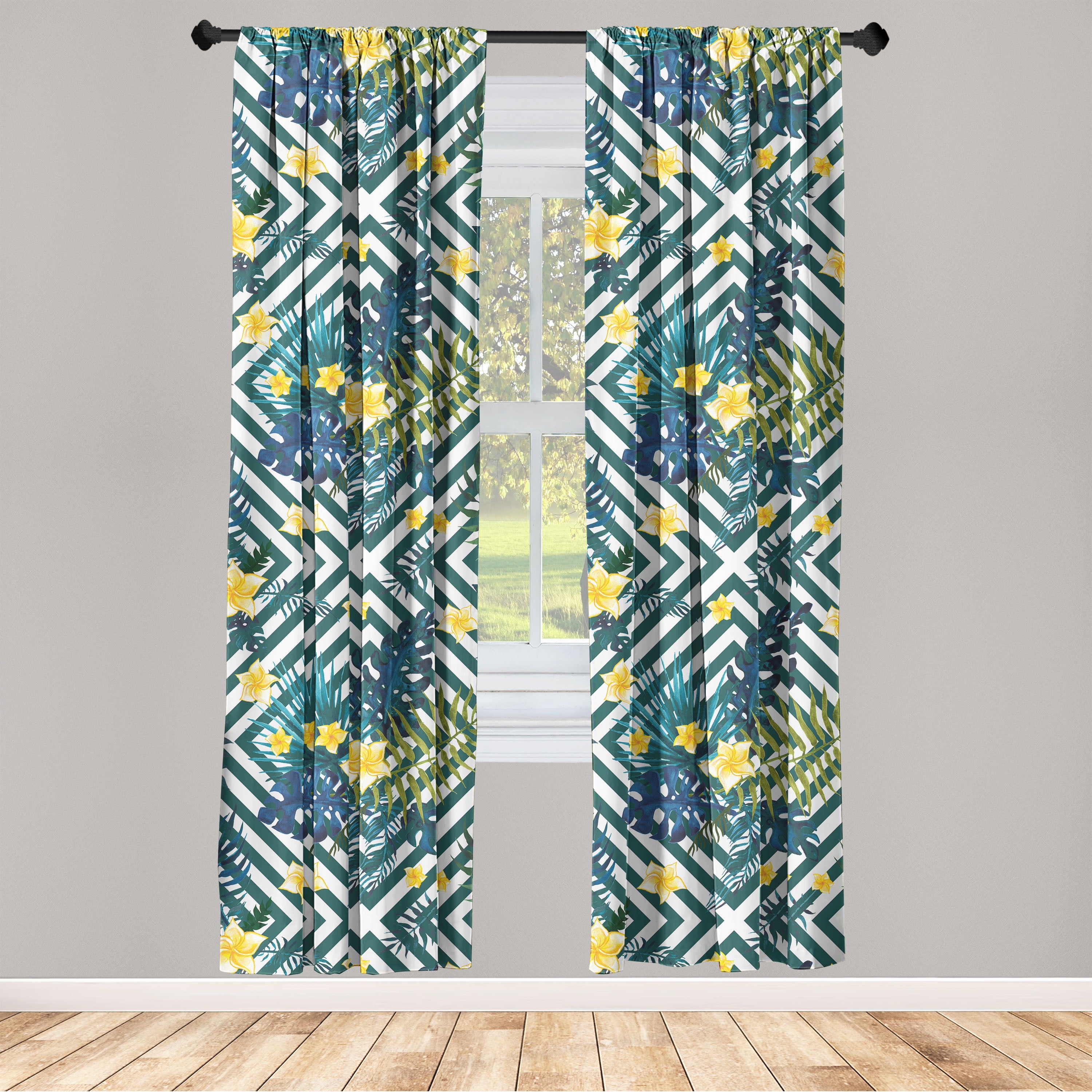 Hibiscus Window Curtains Geometric Vibes Exotic Flowers And Leaves On
