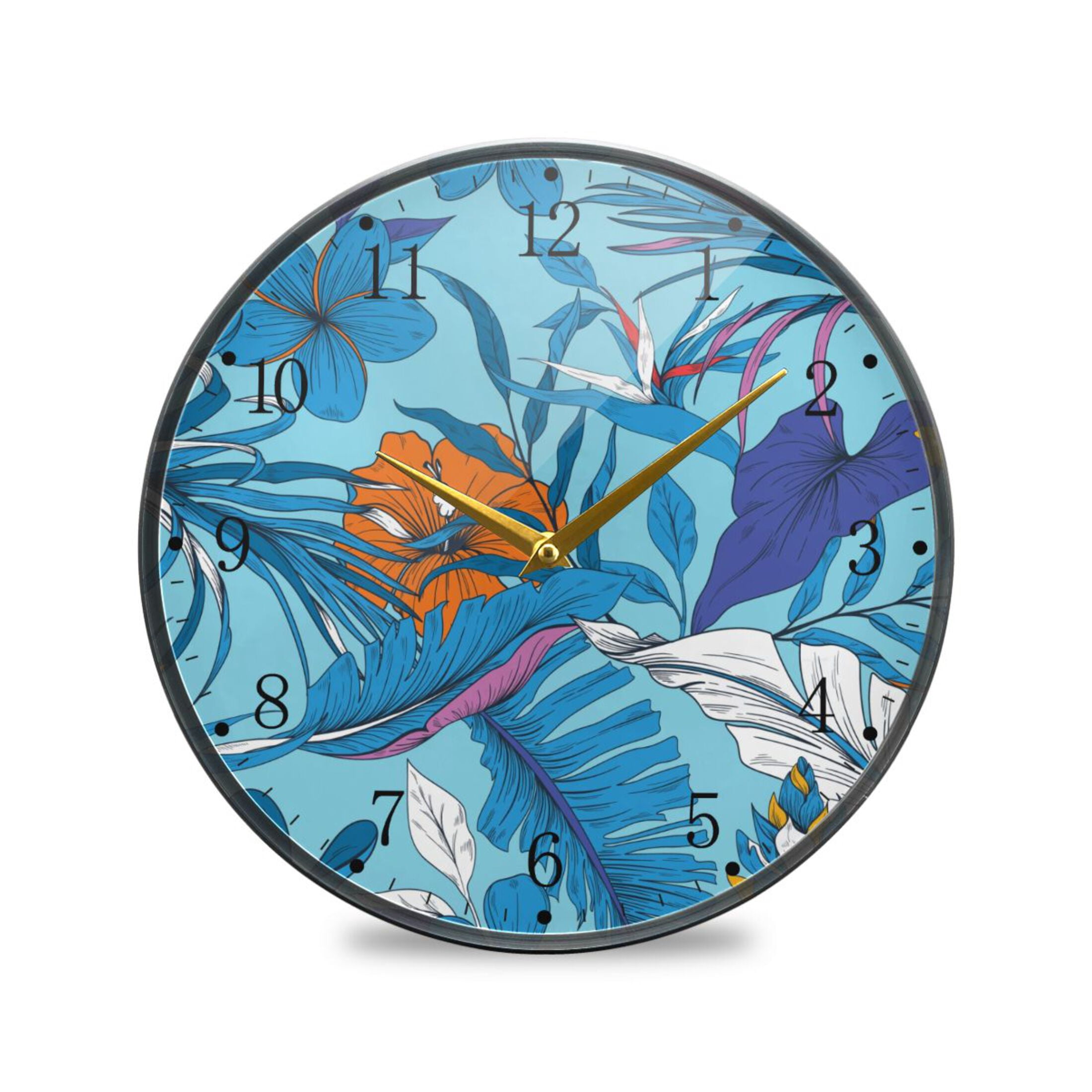 Hibiscus and Leaves on Blue Acrylic Wall Clocks Quiet Round Clock ...