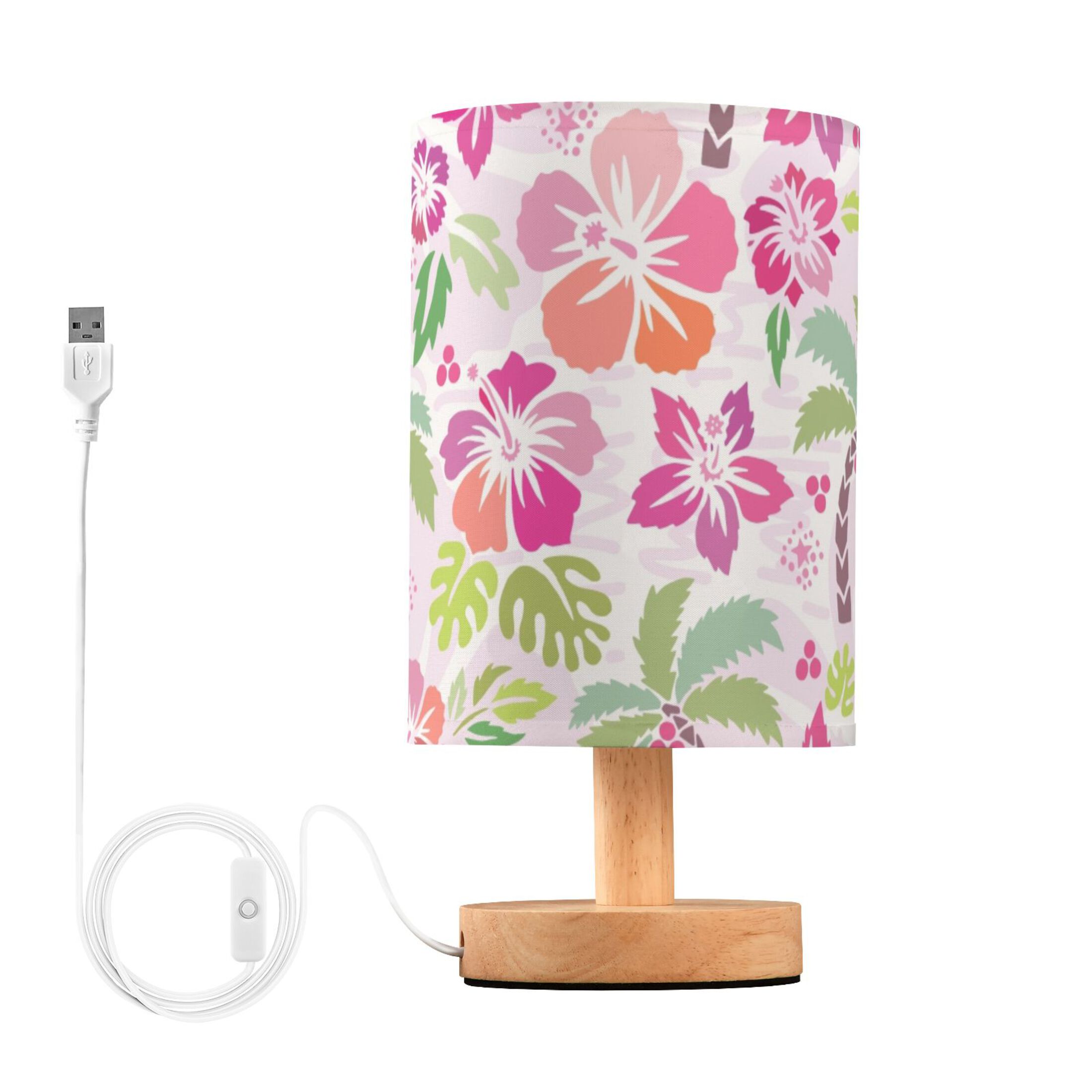 Hibiscus and Palm Tree with Pink Bedside Table Lamp LED Warm Lights ...