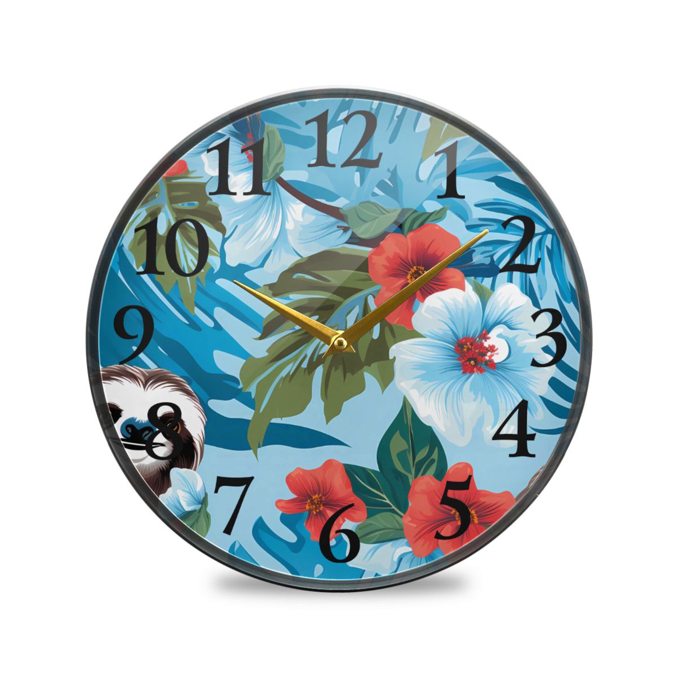 Hibiscus and Sloth Wall Clocks Battery Operated 9.5 Inch Round Clock ...