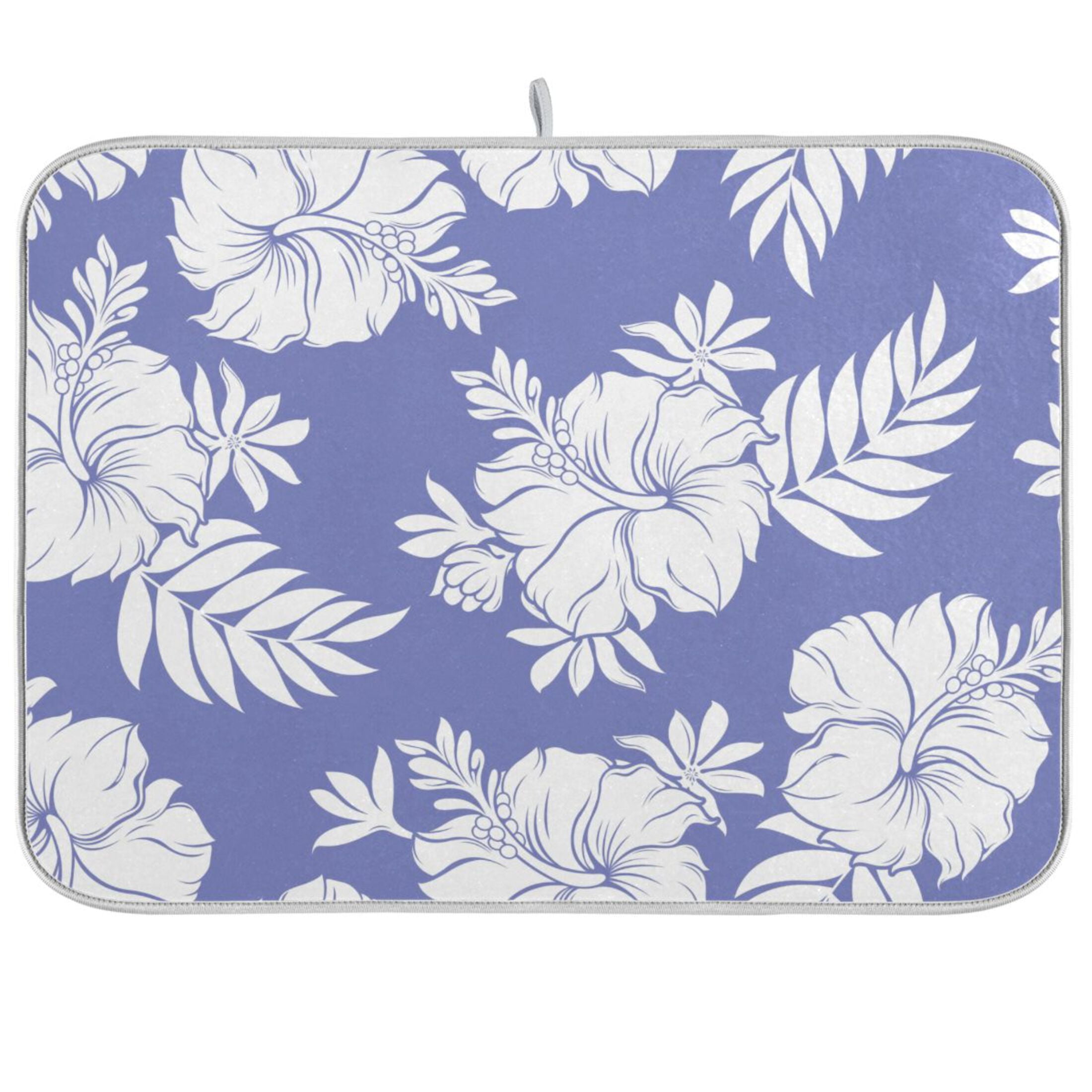 Hibiscus on Blue Dish Drying Mat Microfiber Kitchen Mats Large Counter ...