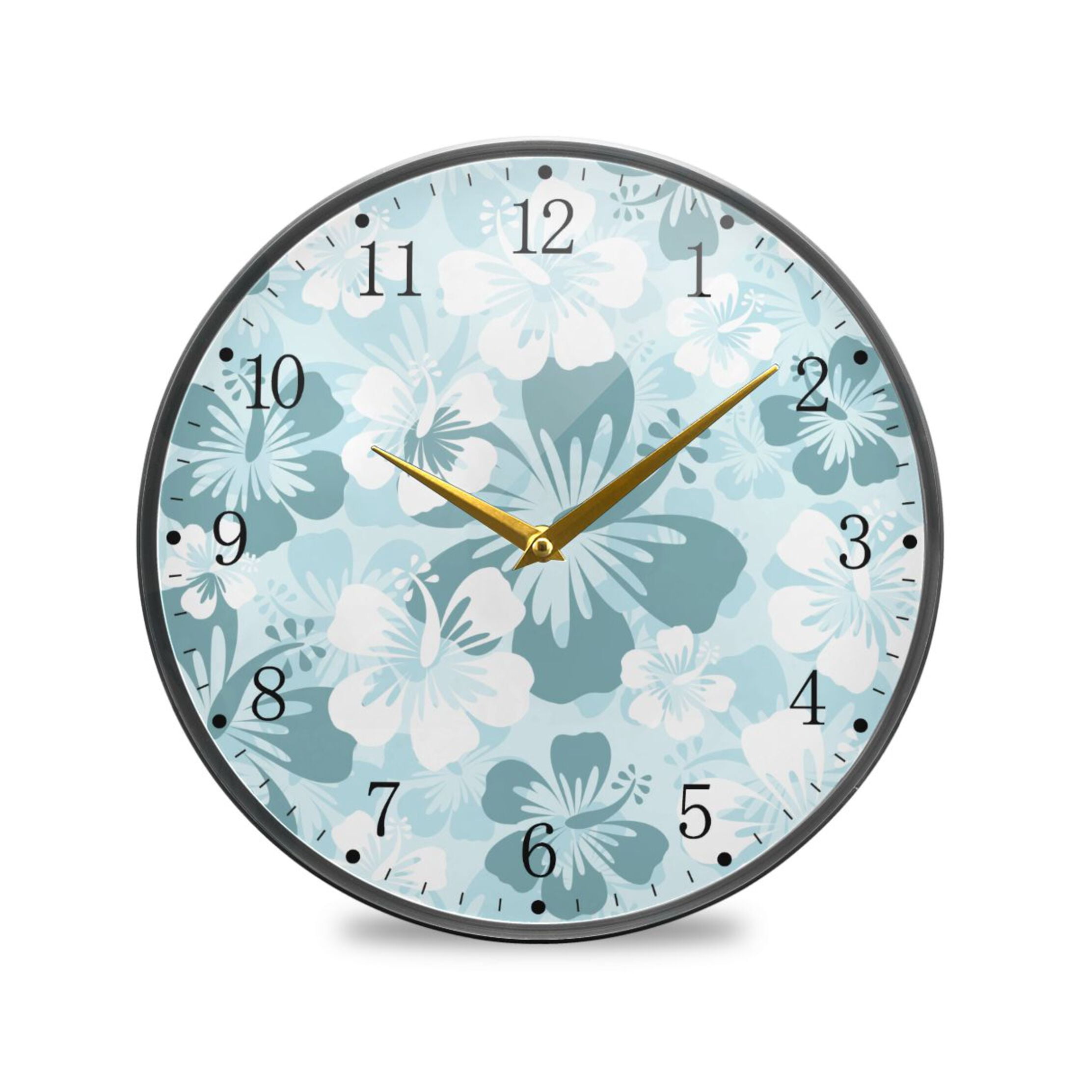Hibiscus with Blue and White Acrylic Wall Clocks Quiet Round Clock ...