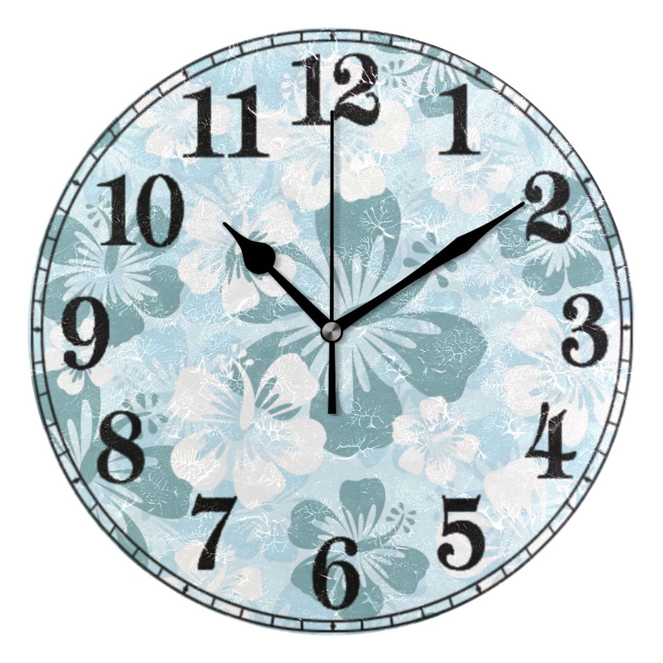 Hibiscus with Blue and White Silent Wall Clock 10" Non-Ticking Battery ...
