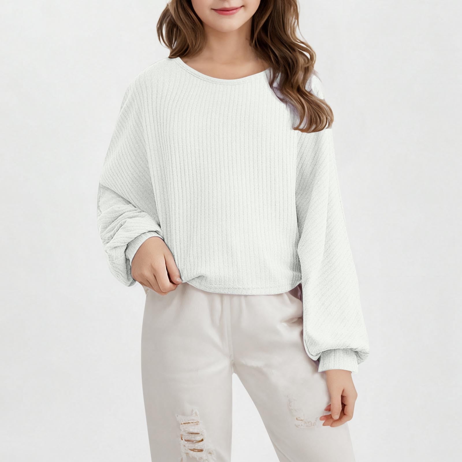 Hicidod Long Sleeve Shirts for Girls Casual Solid Color Crew Neck ...