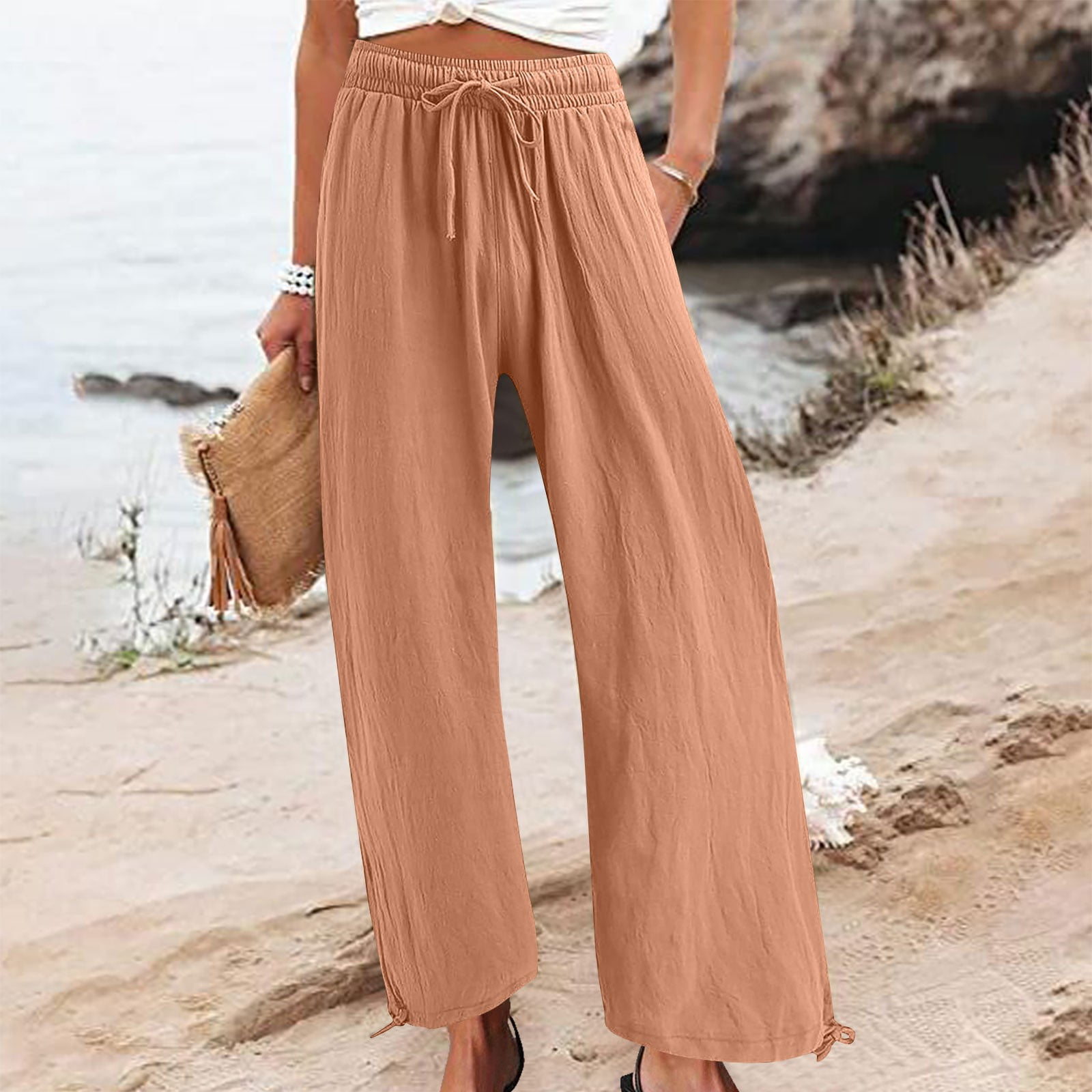 Hicidod Women Summer Pants with Pockets High Waisted Cotton Linen ...