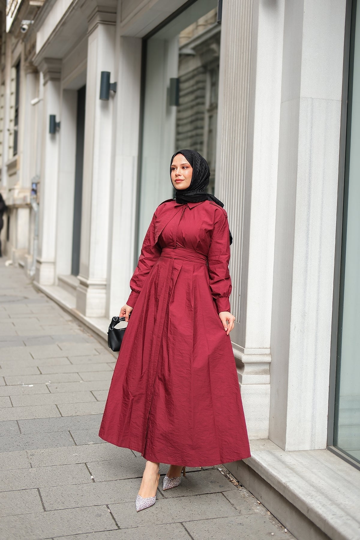 Hidden Button Epaulet Detail Dress Burgundy - Walmart.com