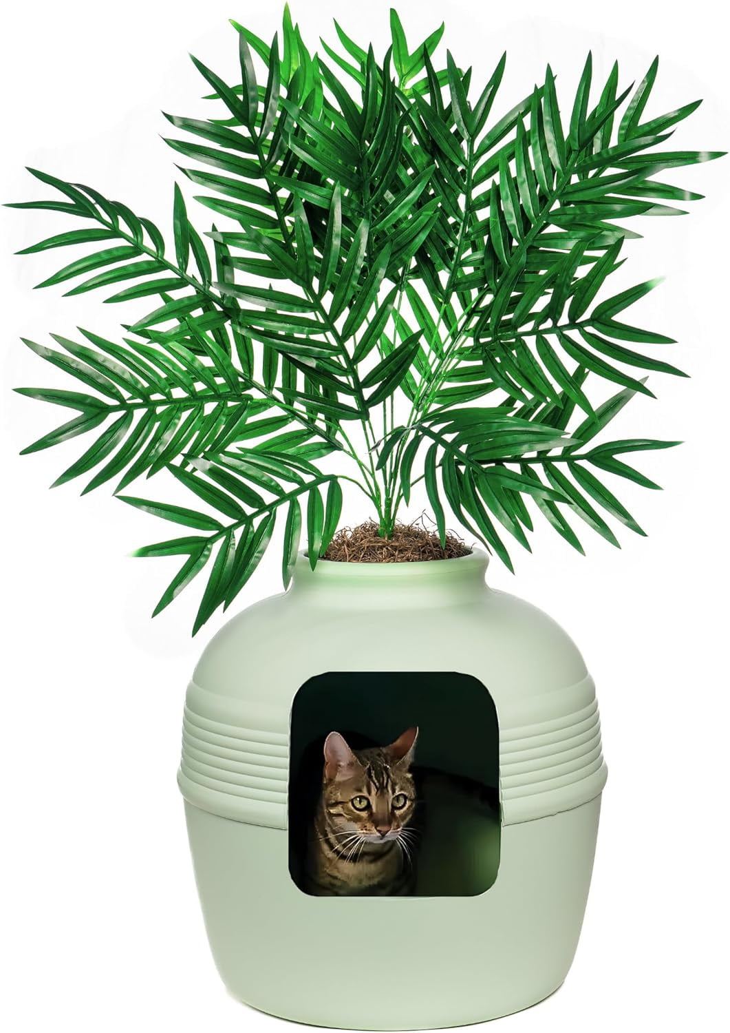 Hidden Cat Litter Box Enclosure with Artificial Plant, Decorative Round ...