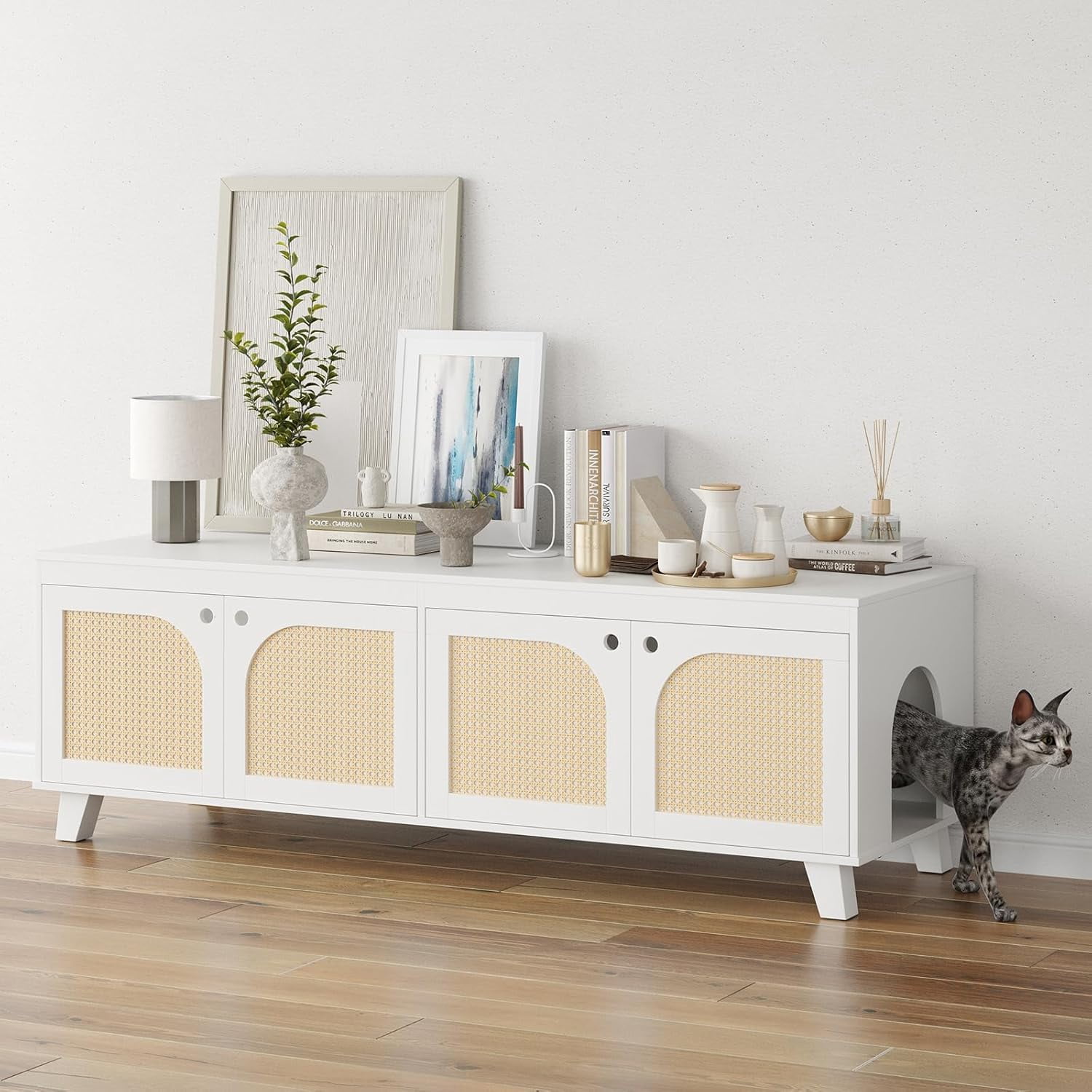 Hidden Cat Litter Box Enclosure with Rattan Doors for Multiple Cats ...