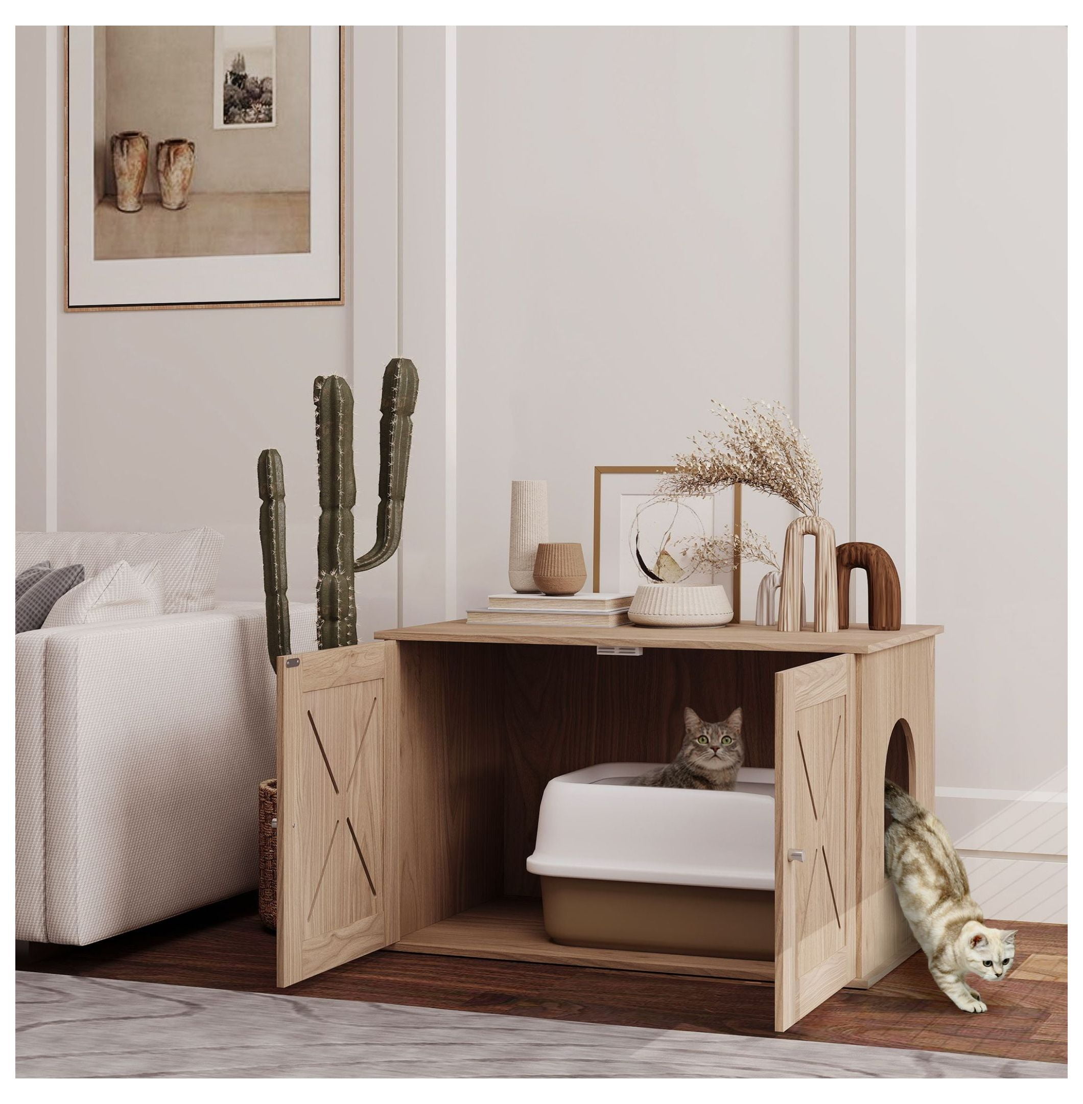Walnut Cat Litter Box Enclosure with Ventilated Door, Cat Hole, and ...