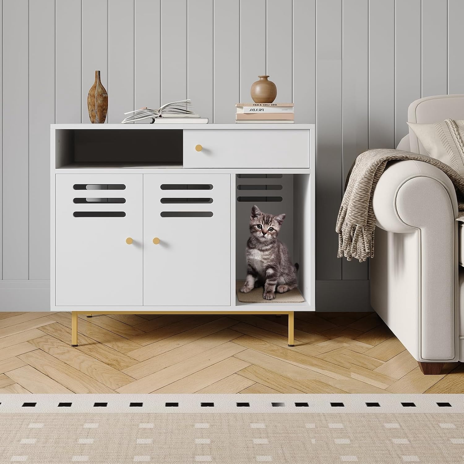 Hidden Cat Litter Box Furniture Enclosure Modern Cabinet with Double ...