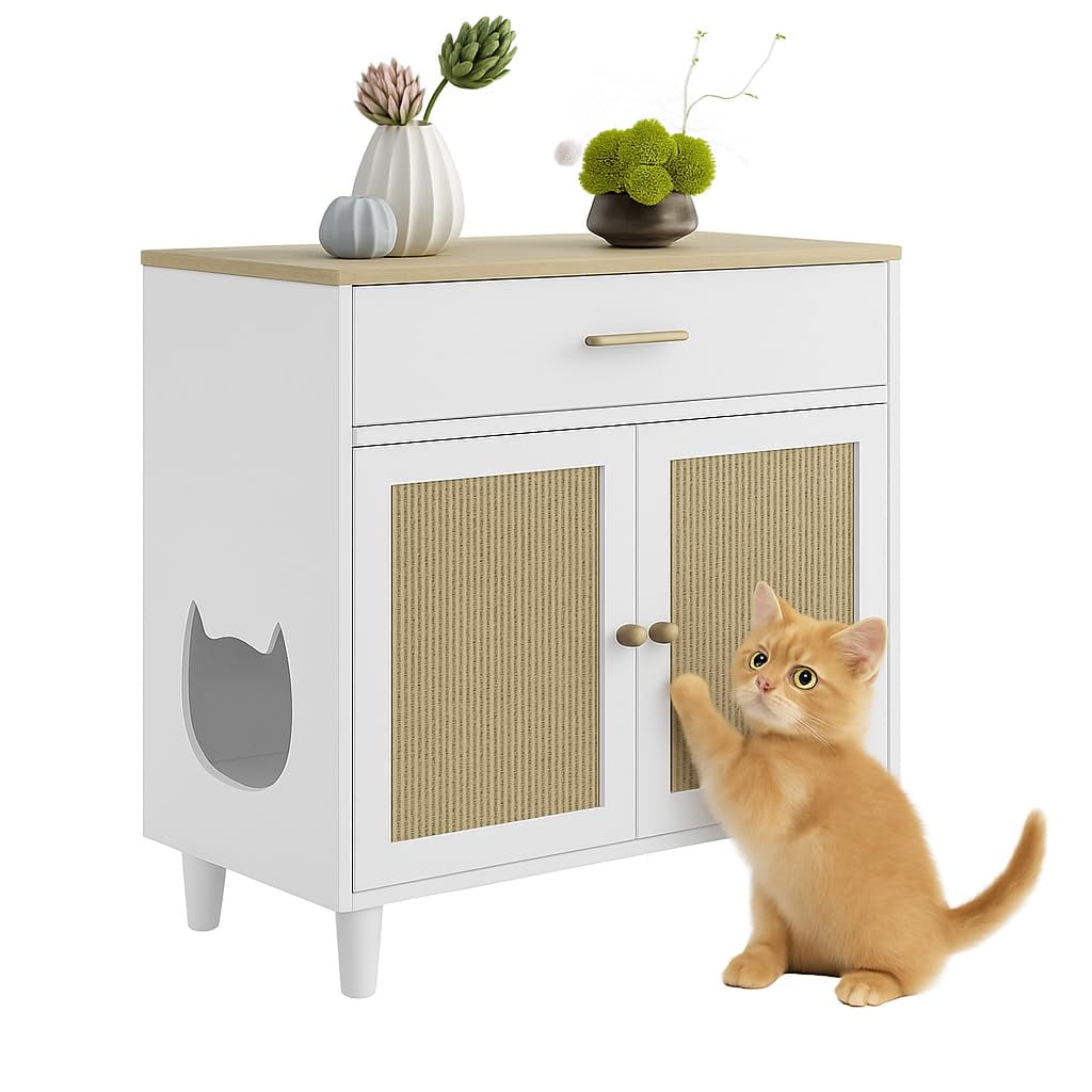 Hidden Cat Litter Box Furniture with Storage Drawer, Wood Cats Litter ...