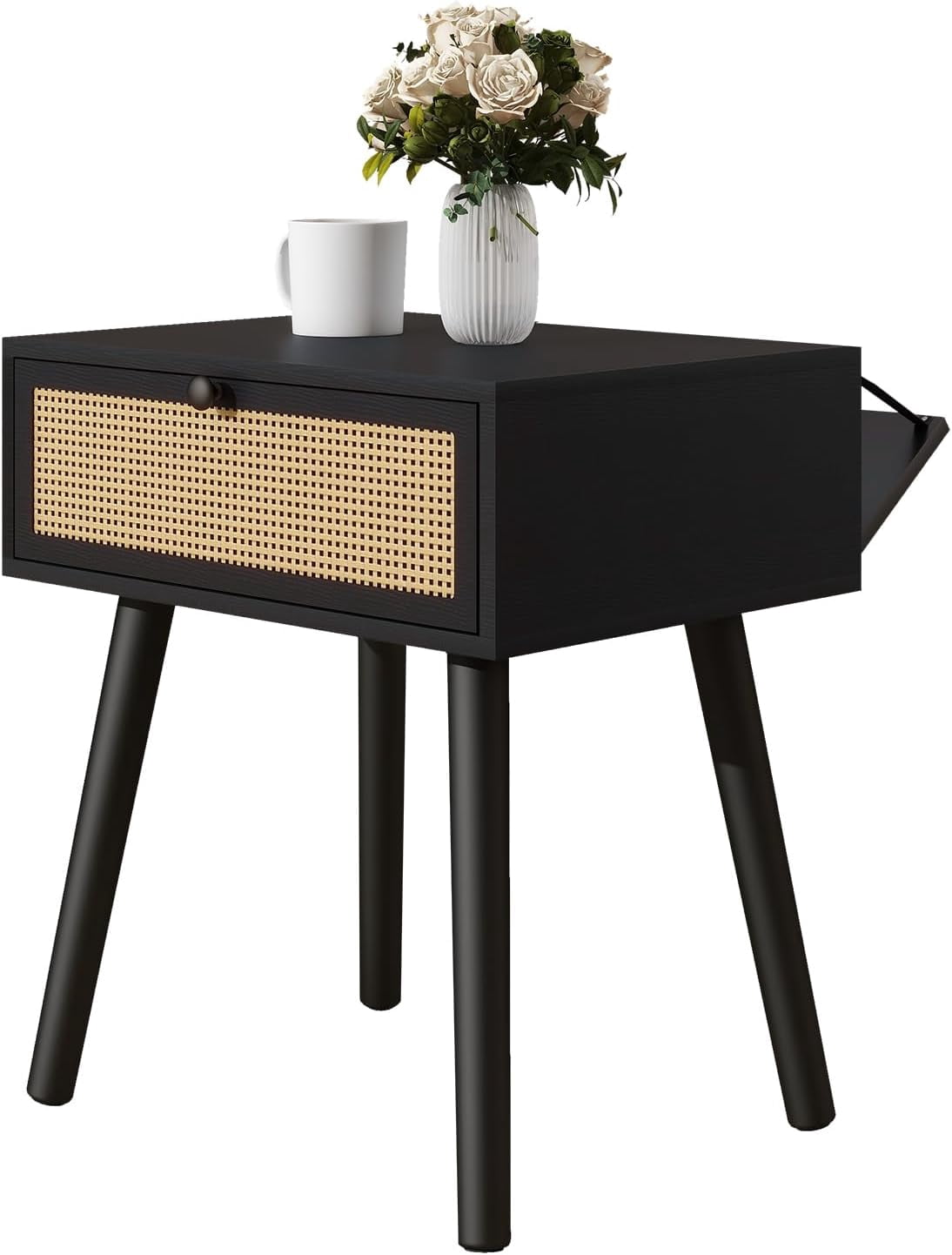 Hidden Compartment Nightstands, Rattan Nightstand with Wood Legs, Boho ...