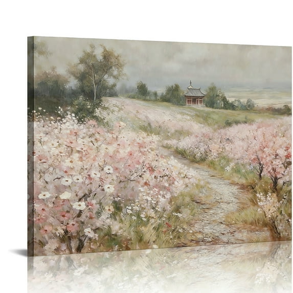 Hidden Frame Canvas Wall Art - Misty Rain Pink Flower Path & Pavilion ...