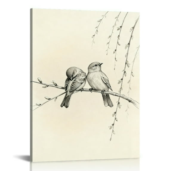 Hidden Frame Canvas Wall Art - Weeping Willow & Perched Birds Sketch ...