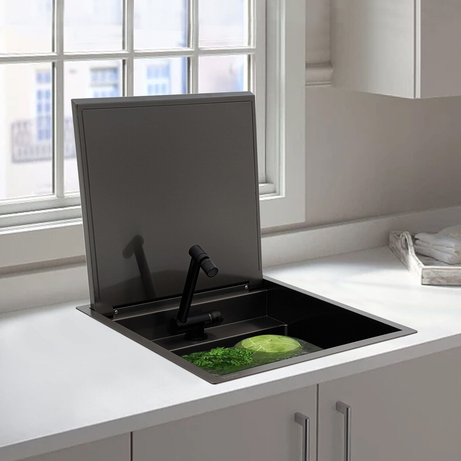 Hidden Kitchen Sink, Single Bowl Sink, Stainless Steel Sink w/ Folding ...